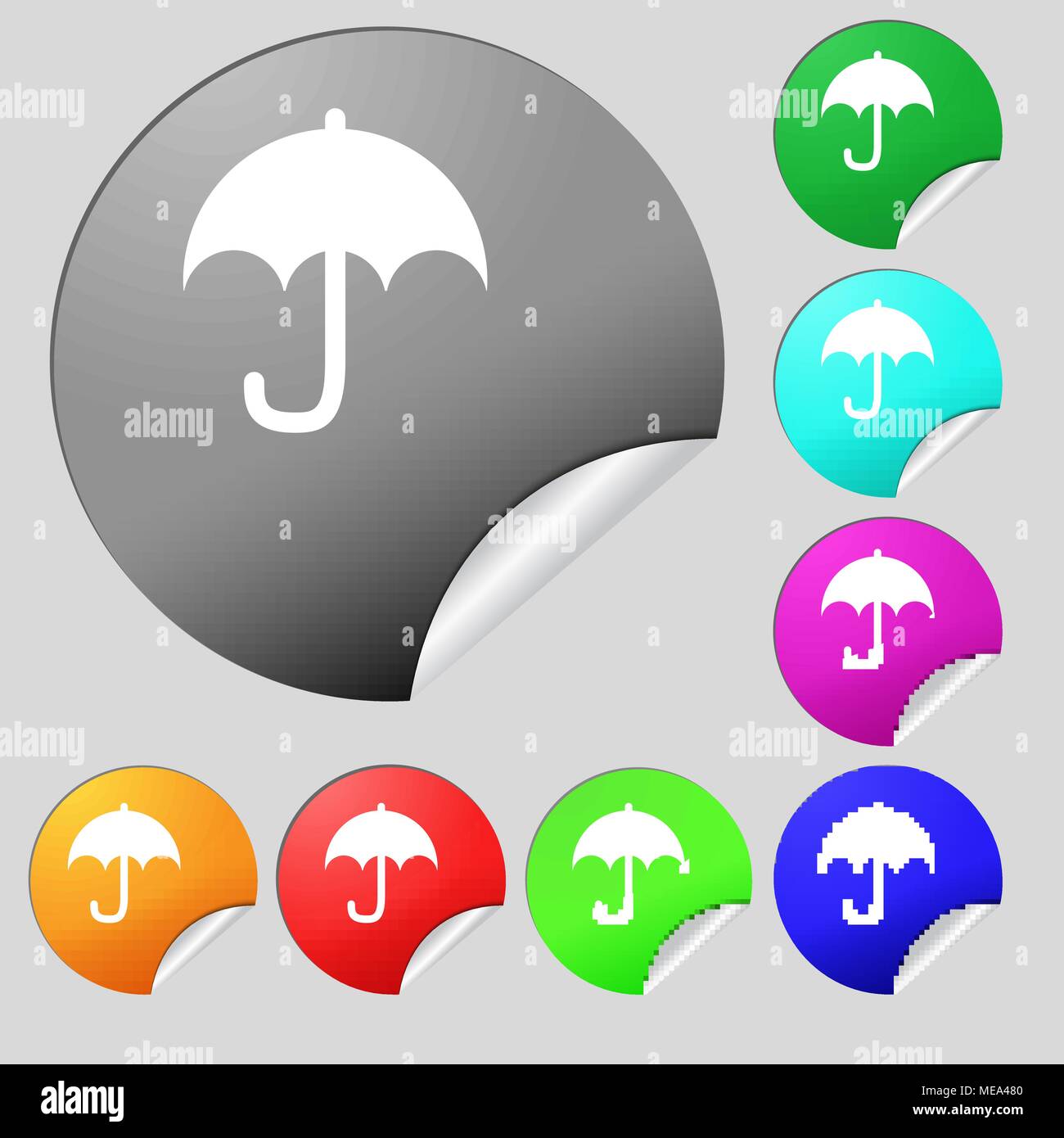 Umbrella icon sign. Set of eight multi-colored round buttons, stickers ...