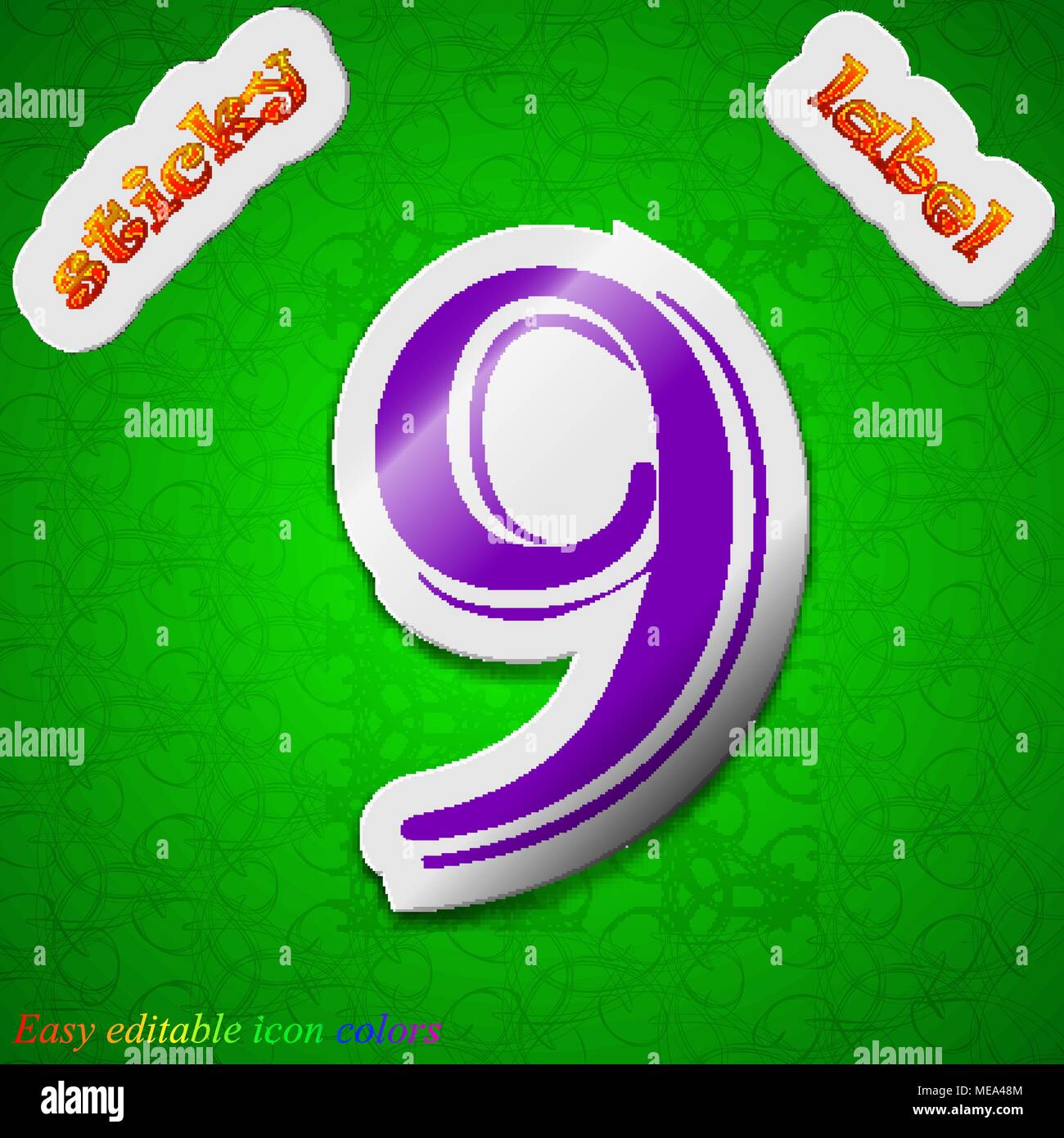 number Nine icon sign. Symbol chic colored sticky label on green ...