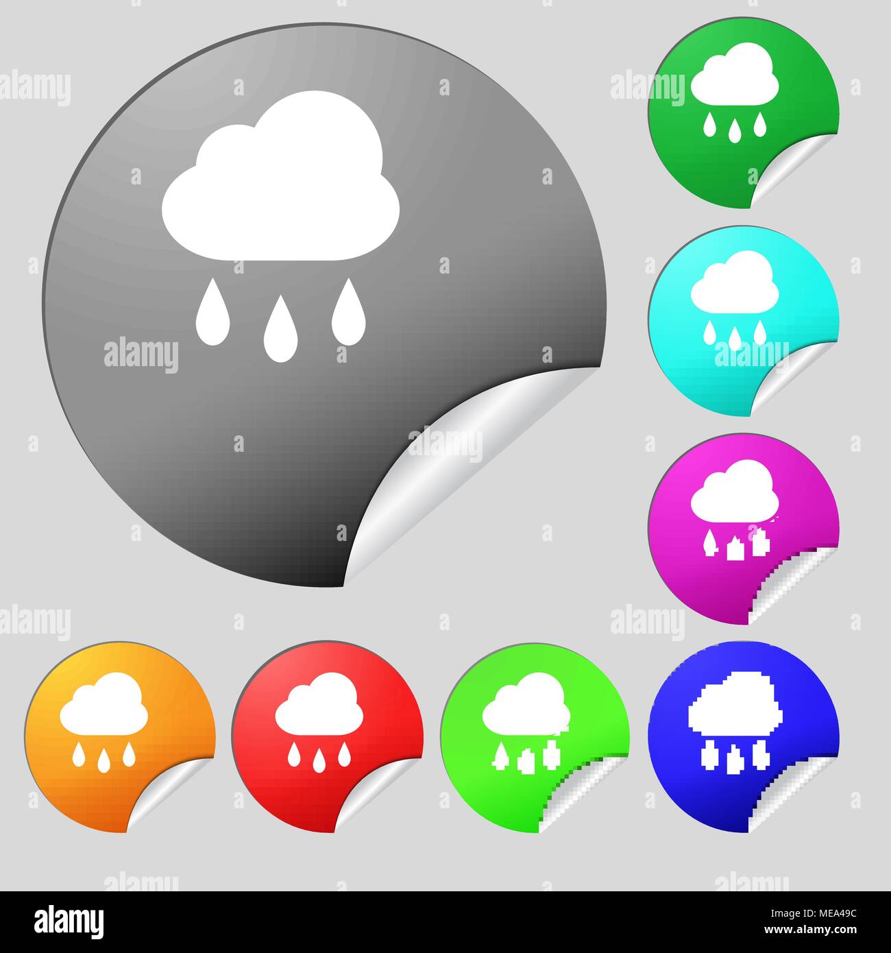 Weather Rain icon sign. Set of eight multi-colored round buttons ...