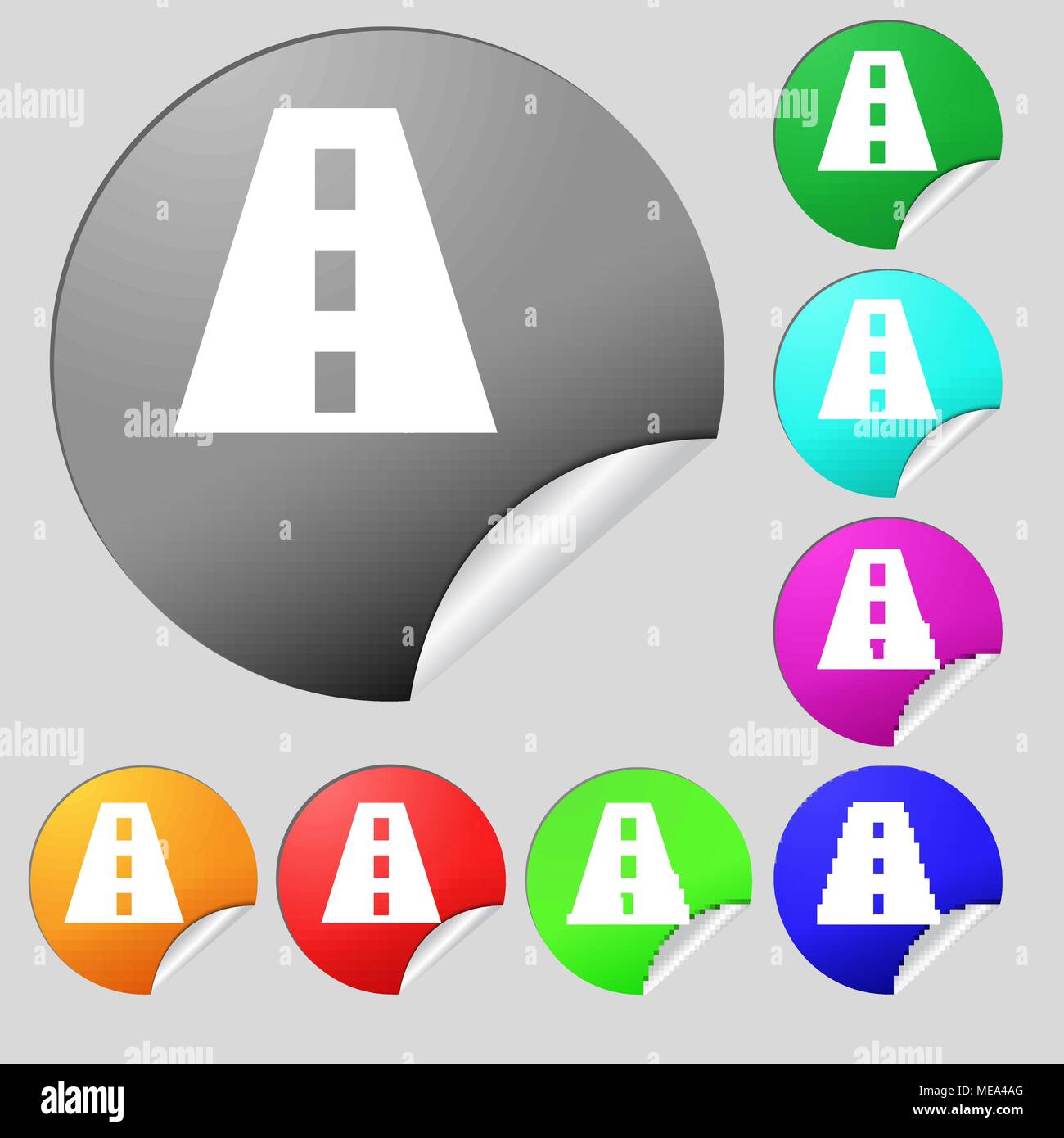 Road icon sign. Set of eight multi-colored round buttons, stickers ...