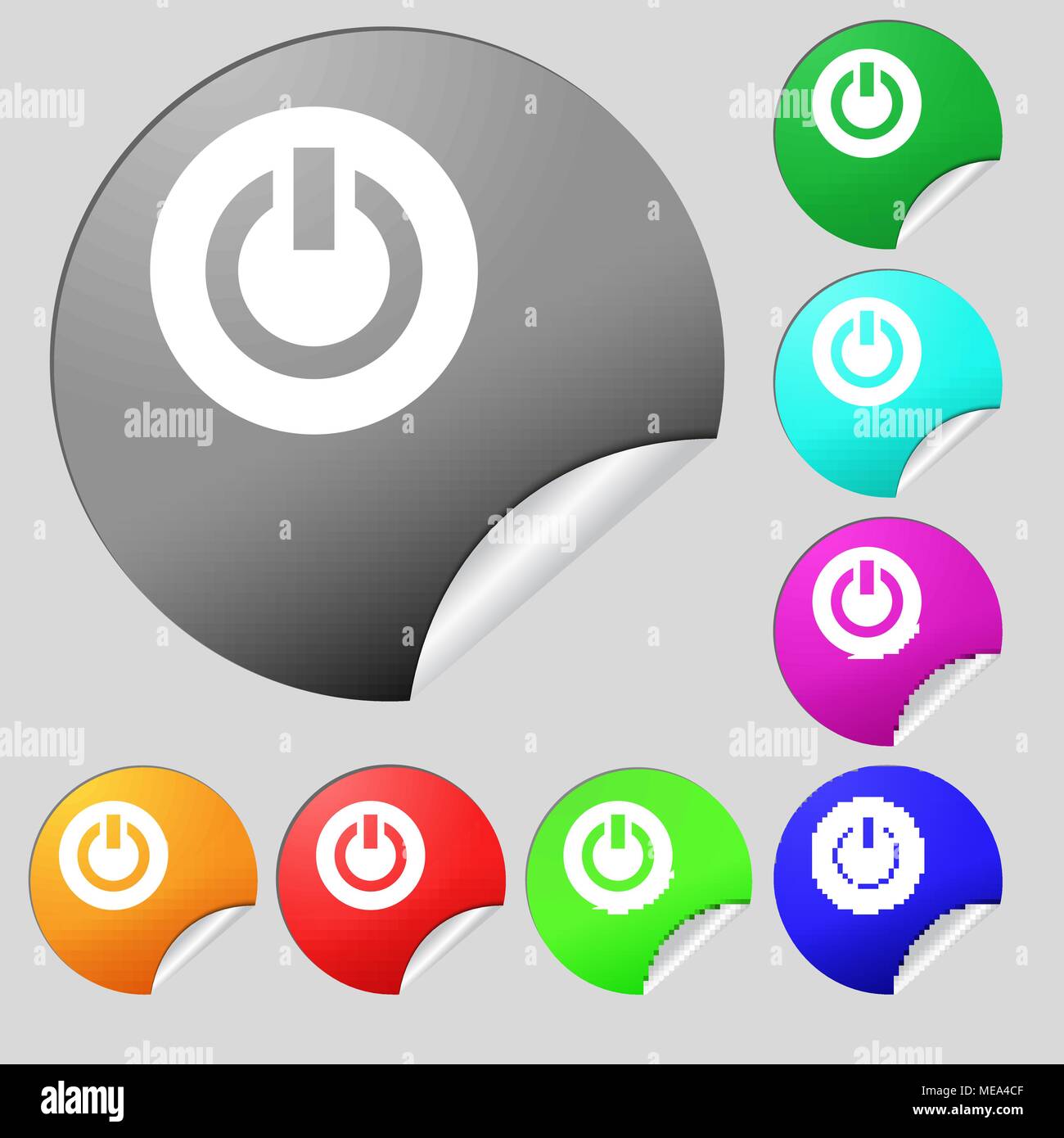 Power, Switch on, Turn on icon sign. Set of eight multi-colored round ...