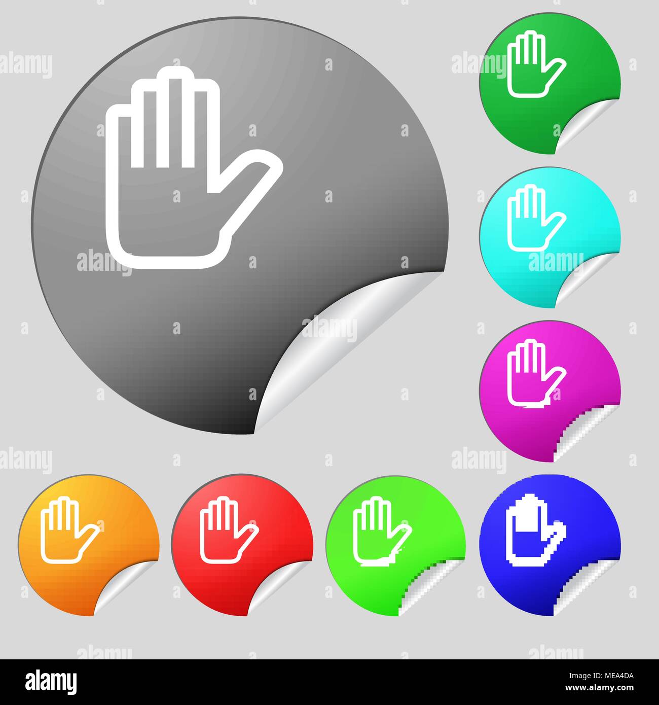 Hand print, Stop icon sign. Set of eight multi-colored round buttons ...