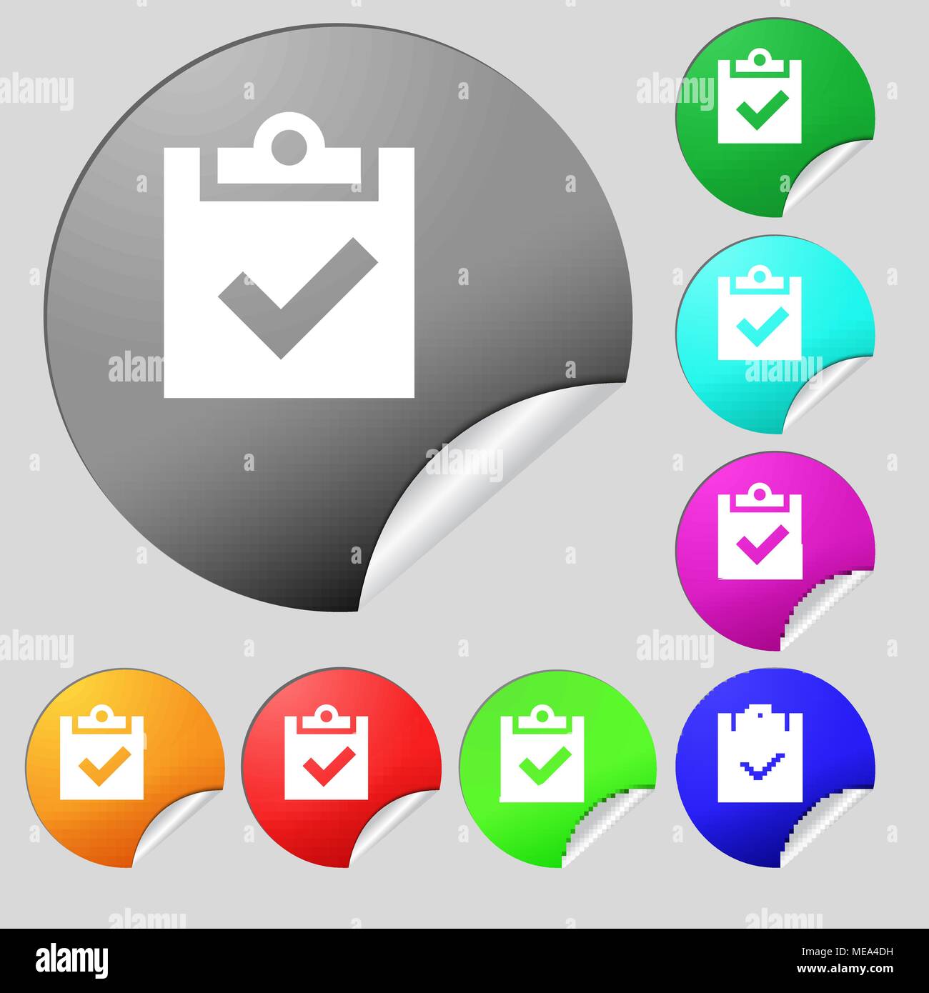 Check mark, tik icon sign. Set of eight multi-colored round buttons ...