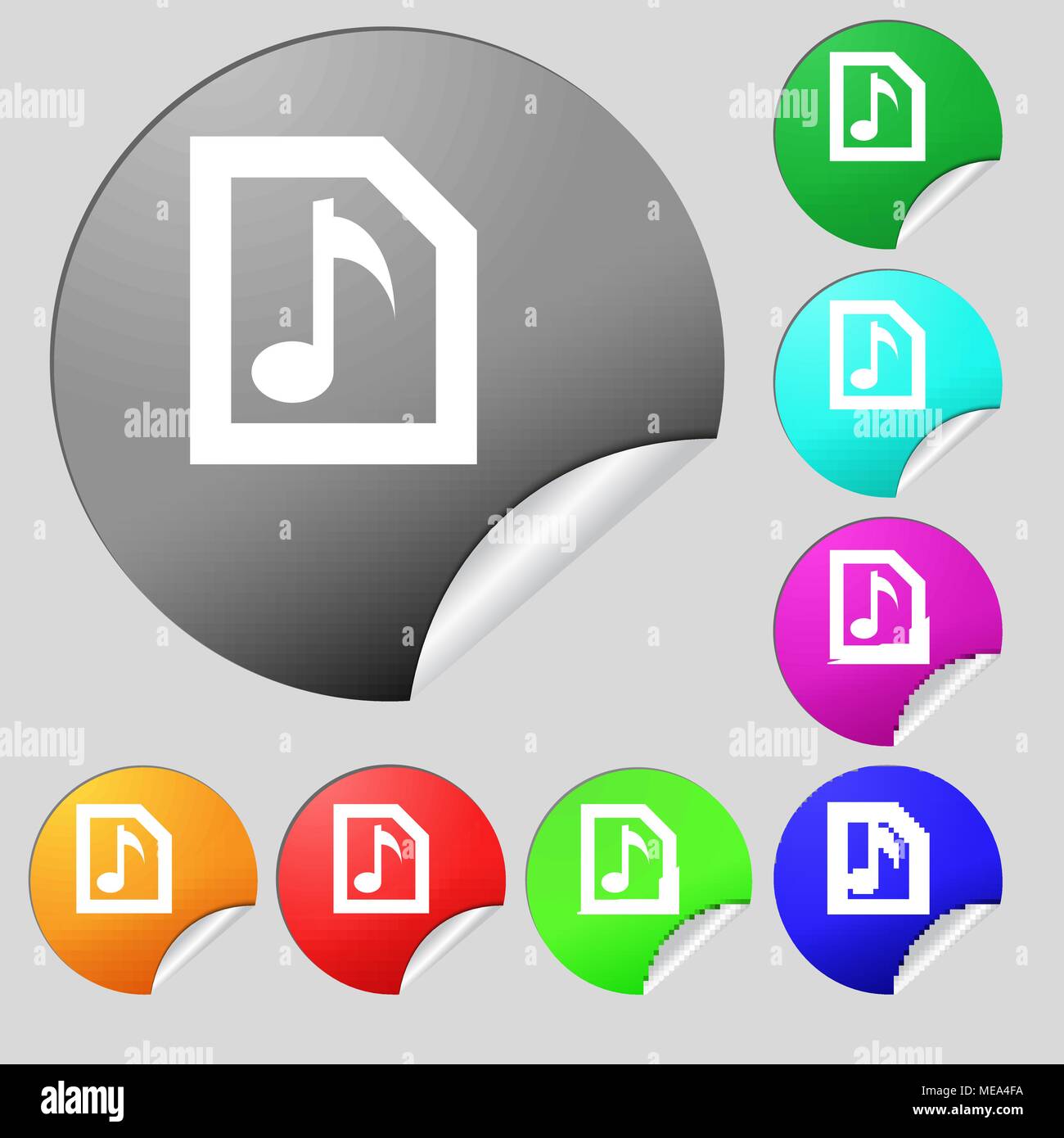 Audio, MP3 file icon sign. Set of eight multi-colored round buttons ...