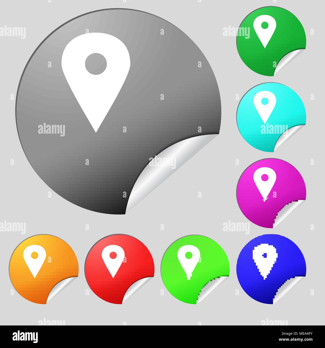 Map pointer, GPS location icon sign. Set of eight multi-colored round ...