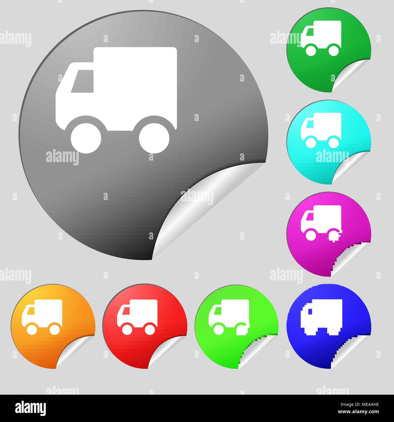 Delivery truck icon sign. Set of eight multi-colored round buttons ...