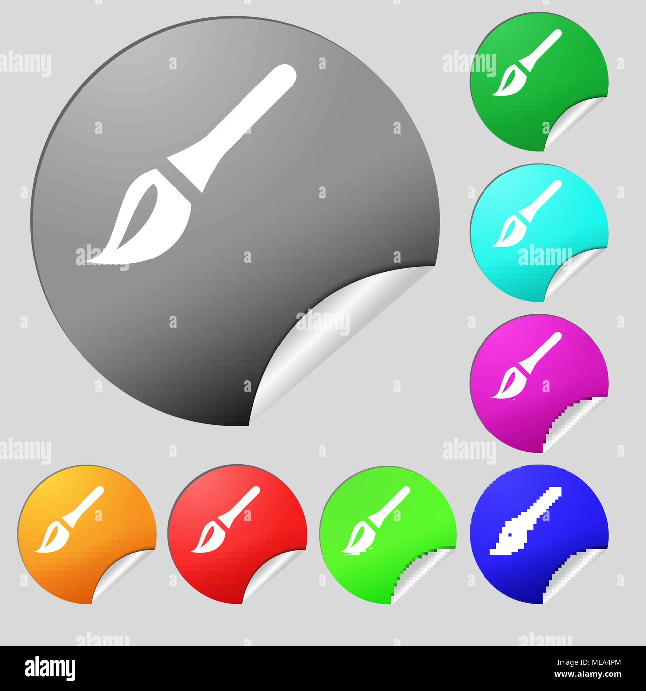 Paint brush, Artist icon sign. Set of eight multi-colored round buttons ...