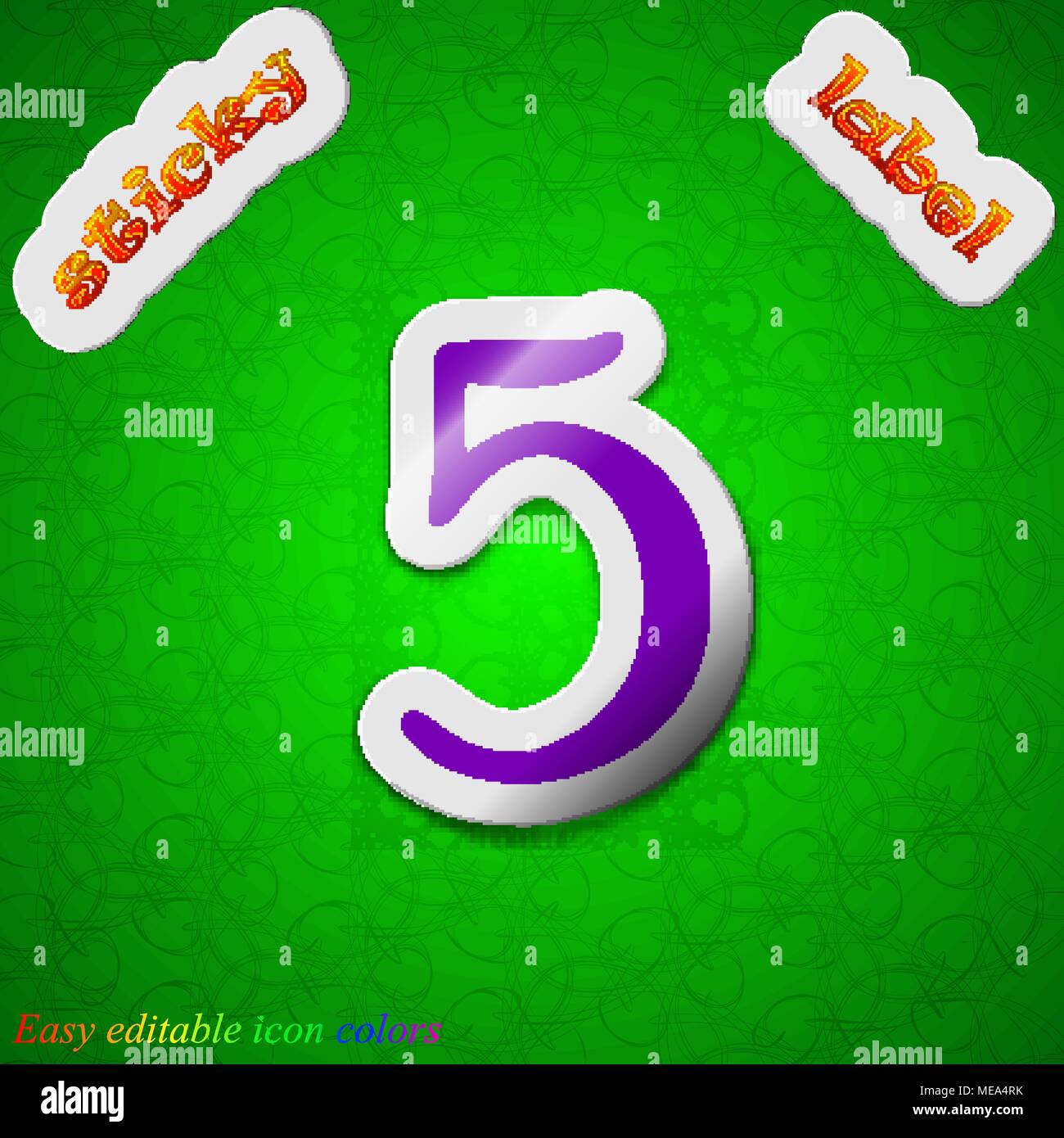 number five icon sign. Symbol chic colored sticky label on green ...