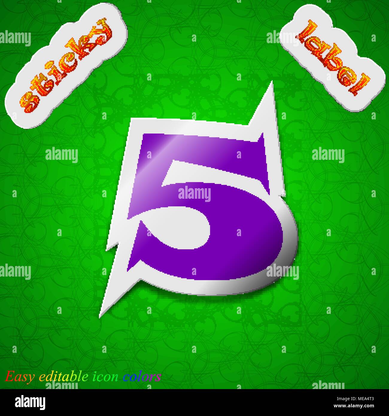 number five icon sign. Symbol chic colored sticky label on green ...