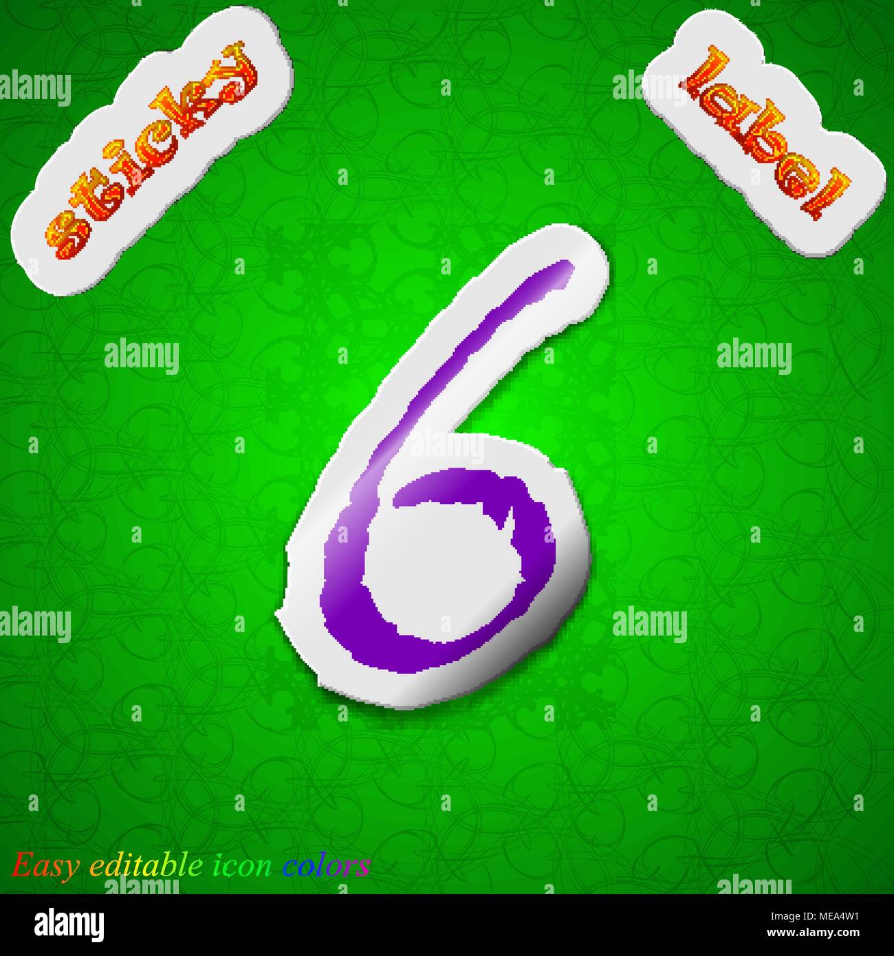 number six icon sign. Symbol chic colored sticky label on green ...