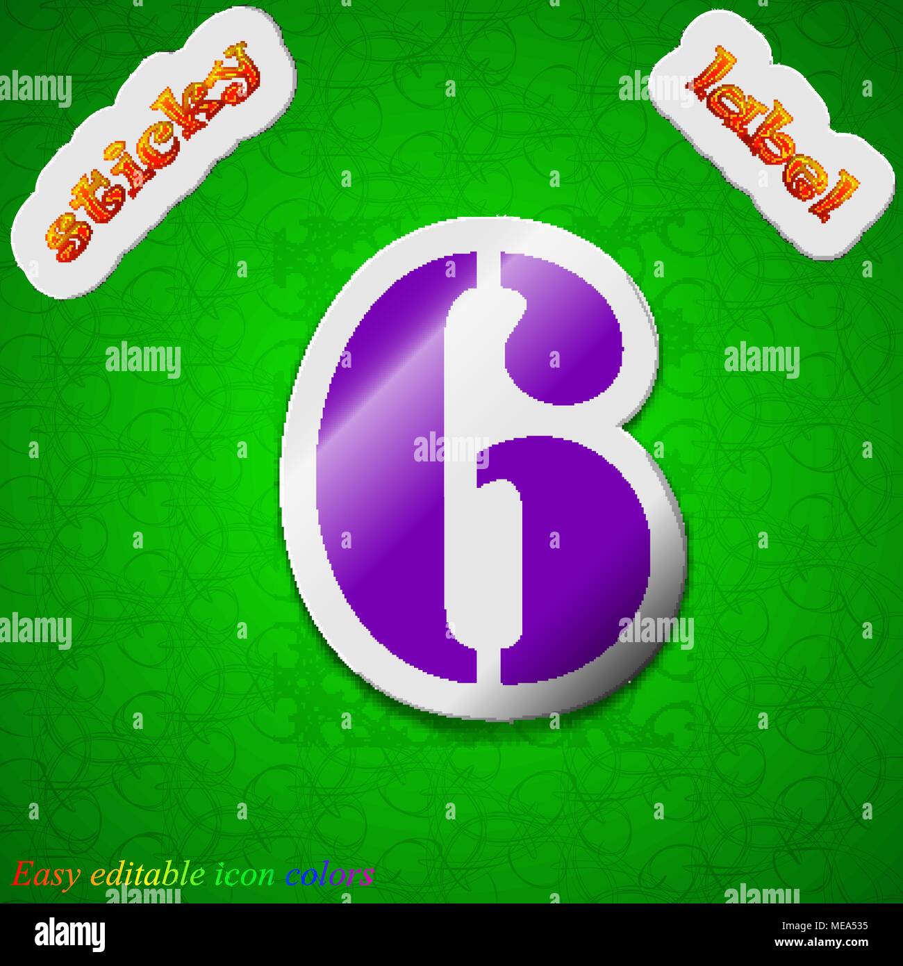 number six icon sign. Symbol chic colored sticky label on green ...