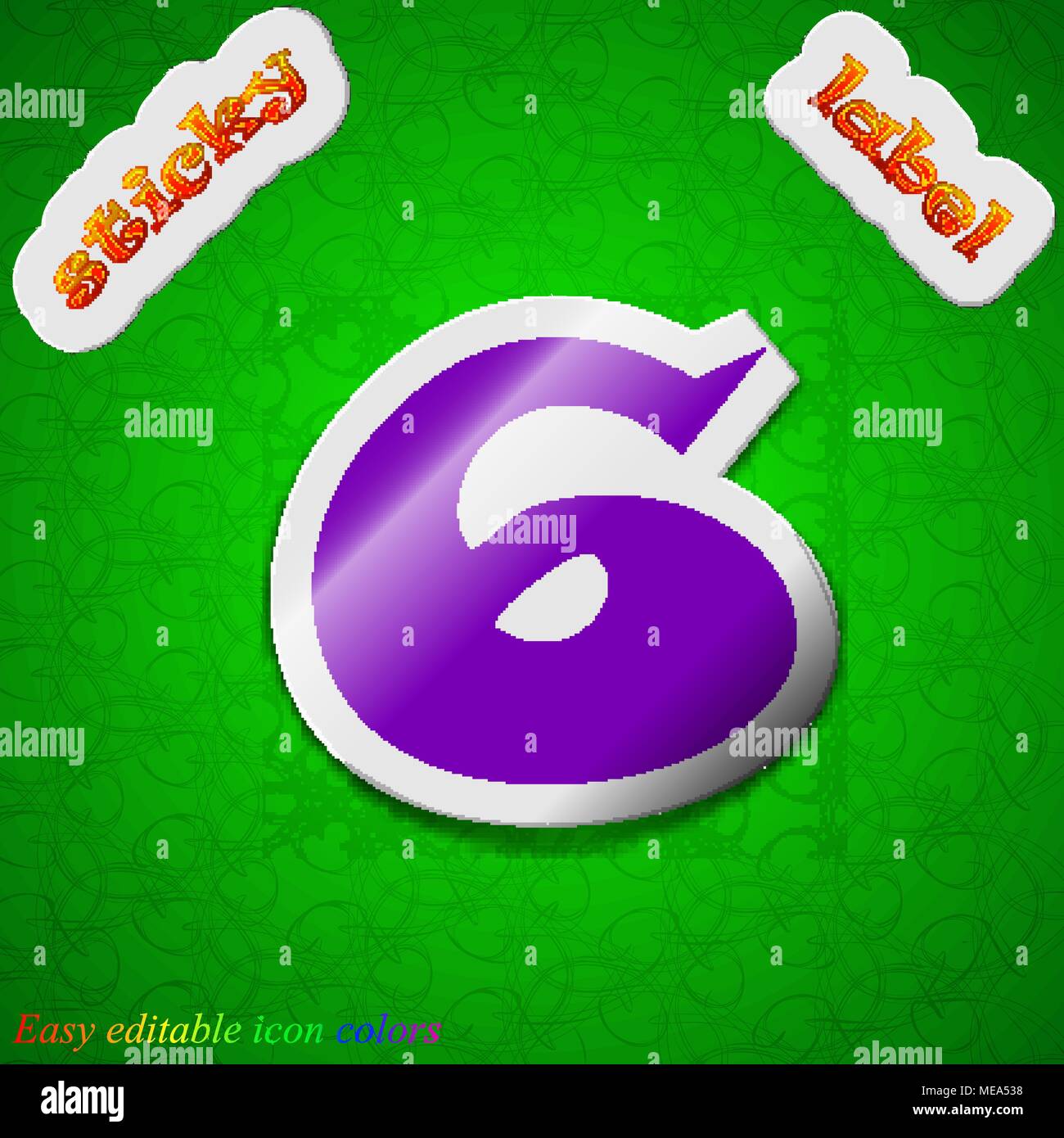 number six icon sign. Symbol chic colored sticky label on green ...