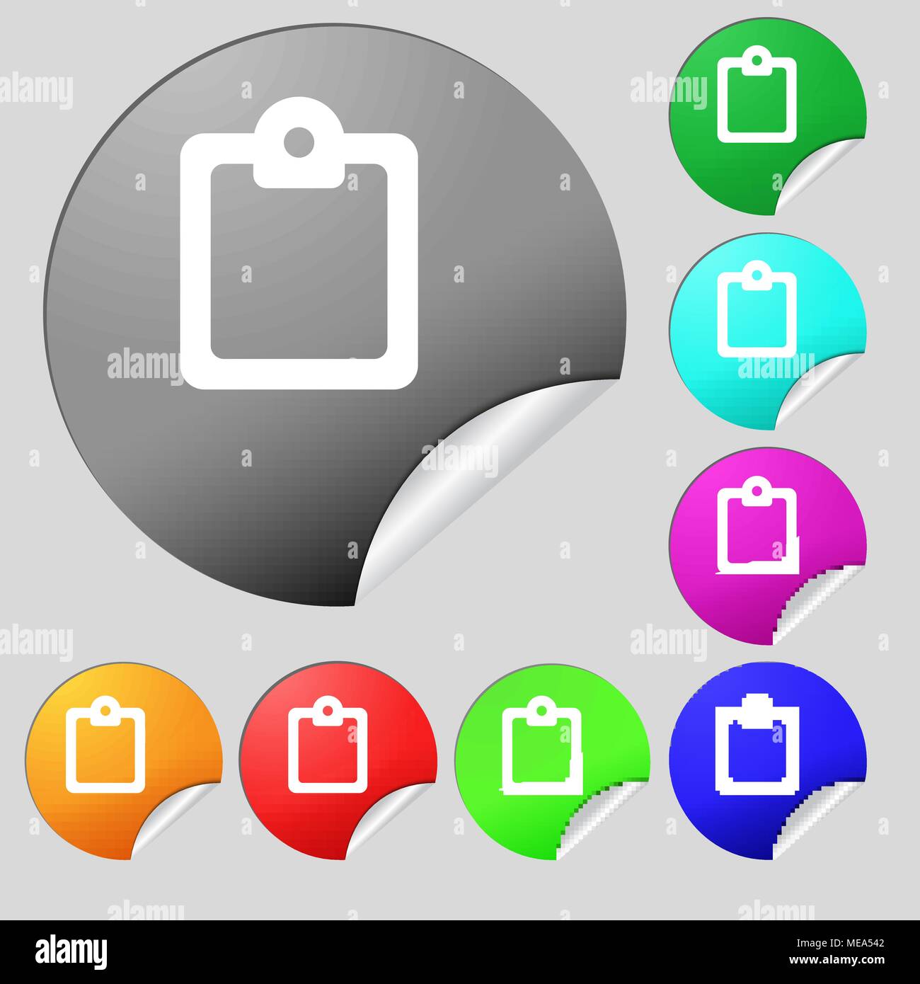 Text file icon sign. Set of eight multi-colored round buttons, stickers ...