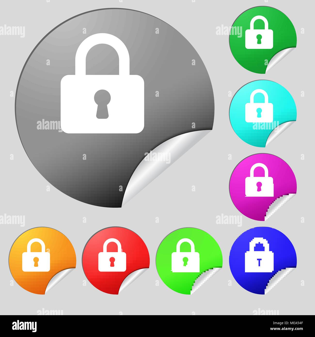 Pad Lock icon sign. Set of eight multi-colored round buttons, stickers ...