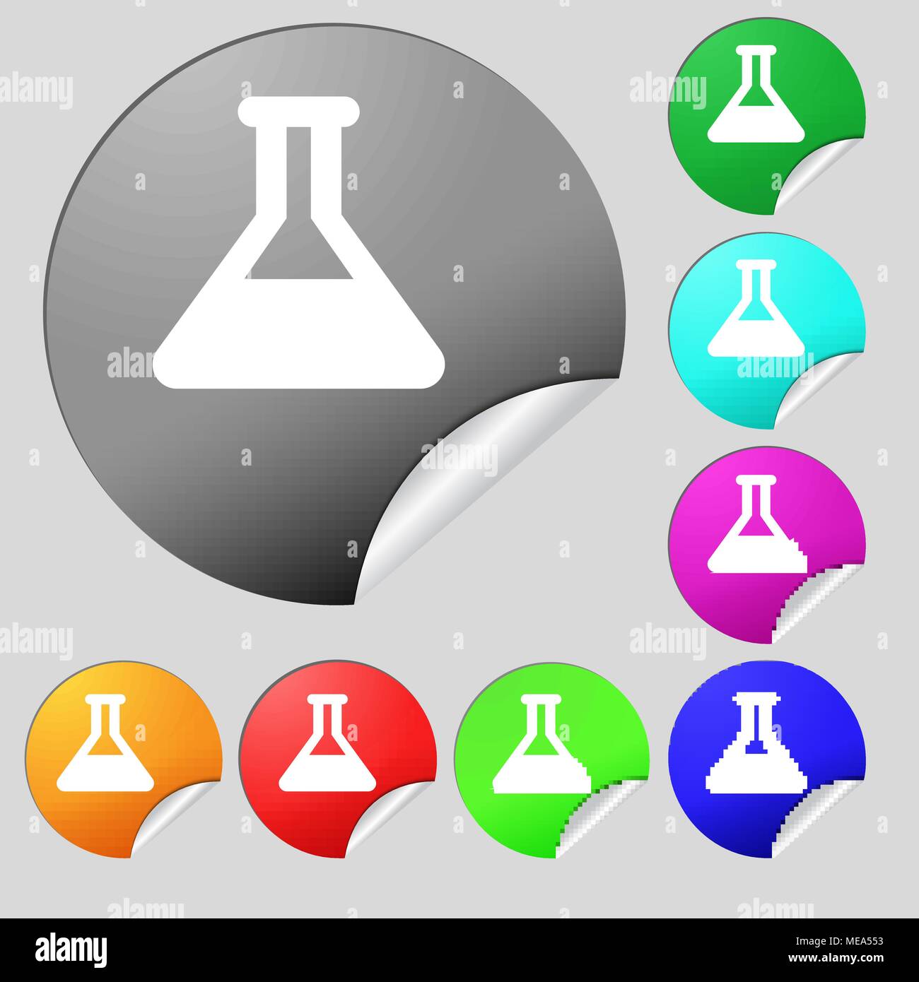 Conical Flask icon sign. Set of eight multi-colored round buttons ...