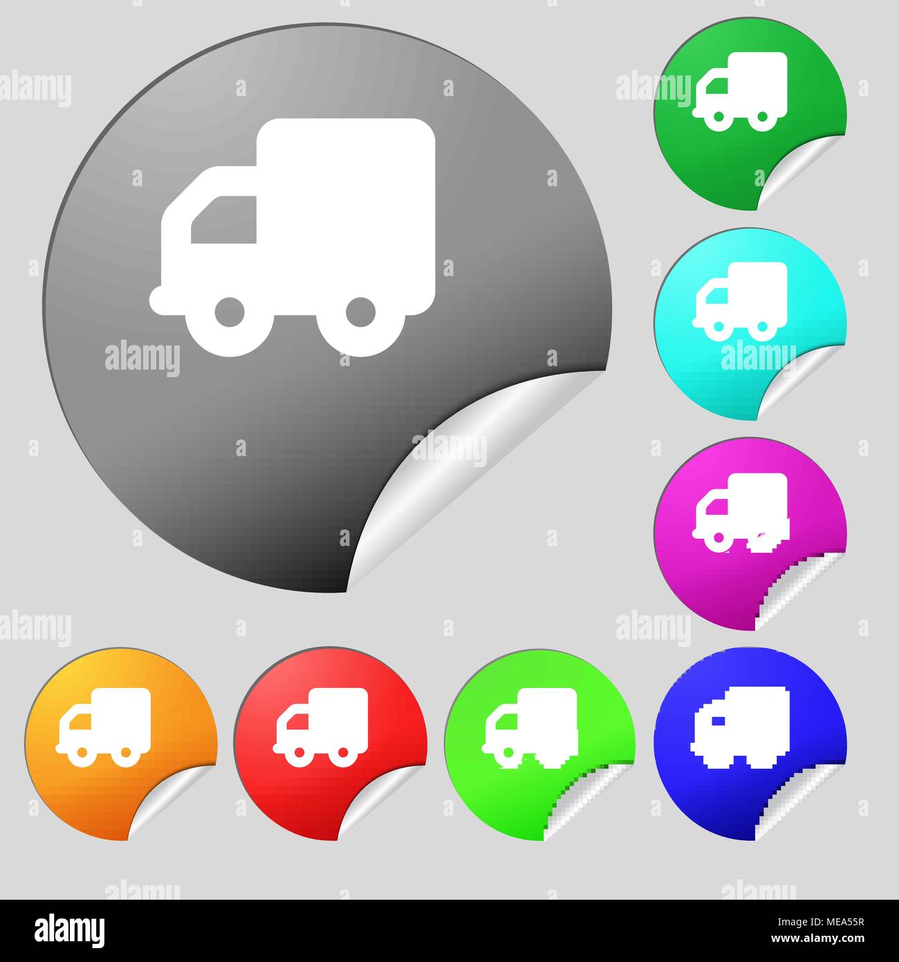 Delivery truck icon sign. Set of eight multi-colored round buttons ...
