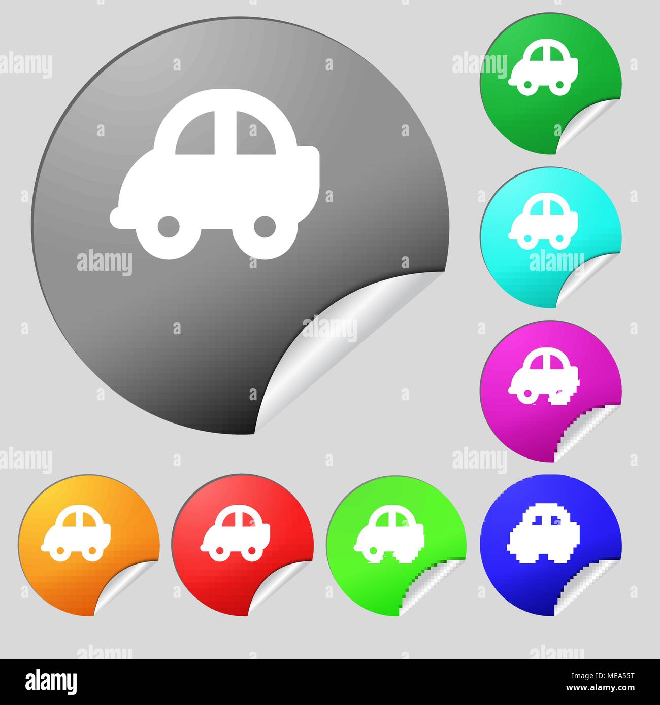Auto icon sign. Set of eight multi-colored round buttons, stickers ...