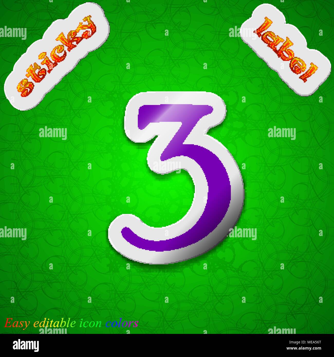 number three icon sign. Symbol chic colored sticky label on green ...