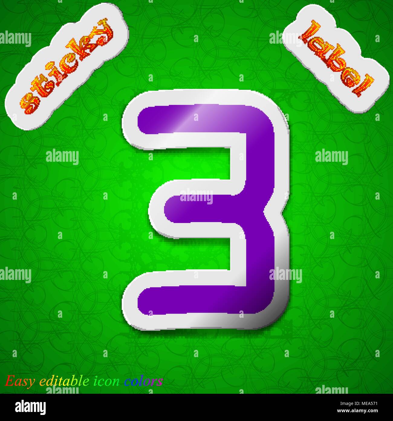 number three icon sign. Symbol chic colored sticky label on green ...