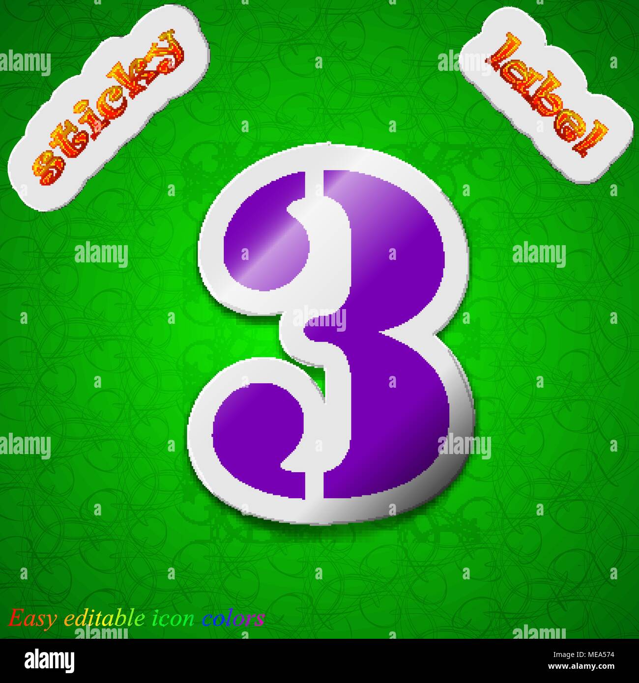 number three icon sign. Symbol chic colored sticky label on green ...