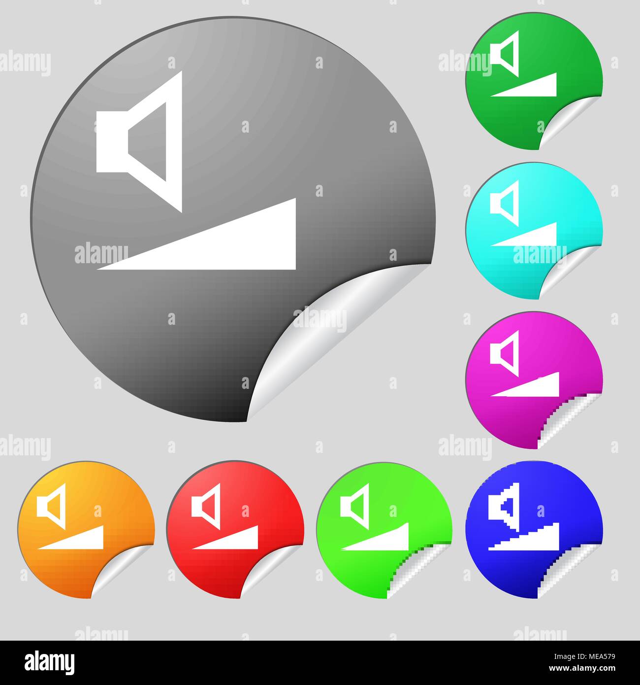 volume, sound icon sign. Set of eight multi colored round buttons ...