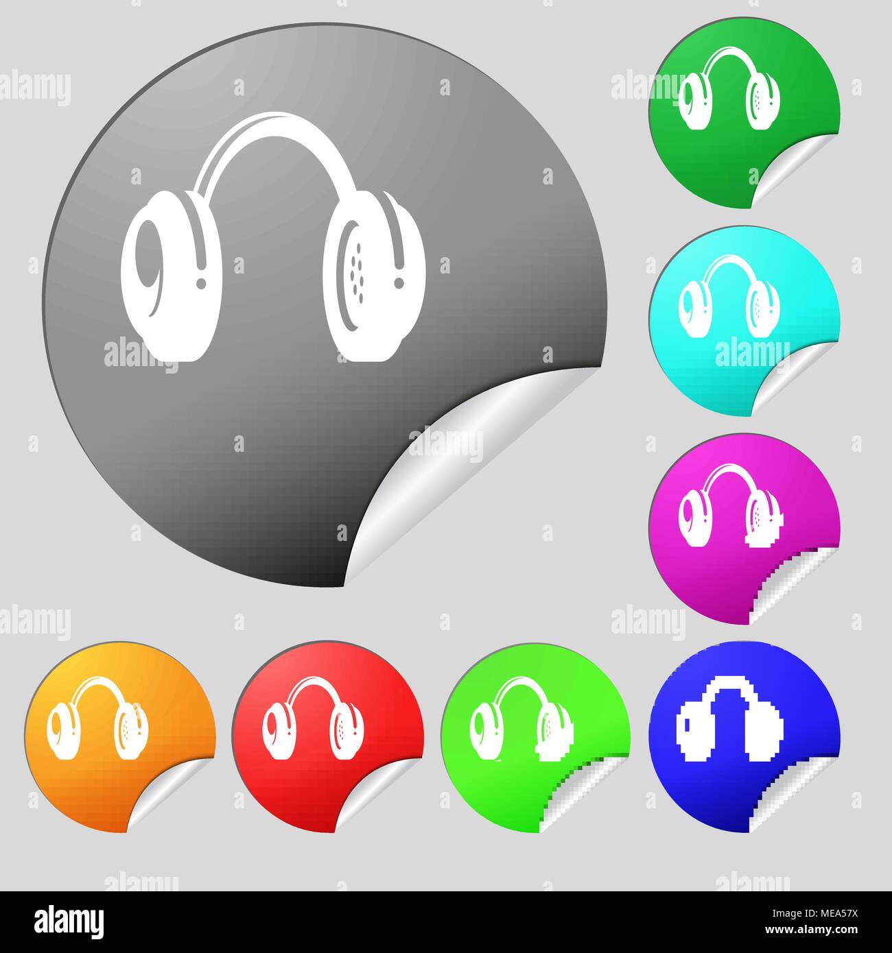 headsets icon sign. Set of eight multi colored round buttons, stickers ...