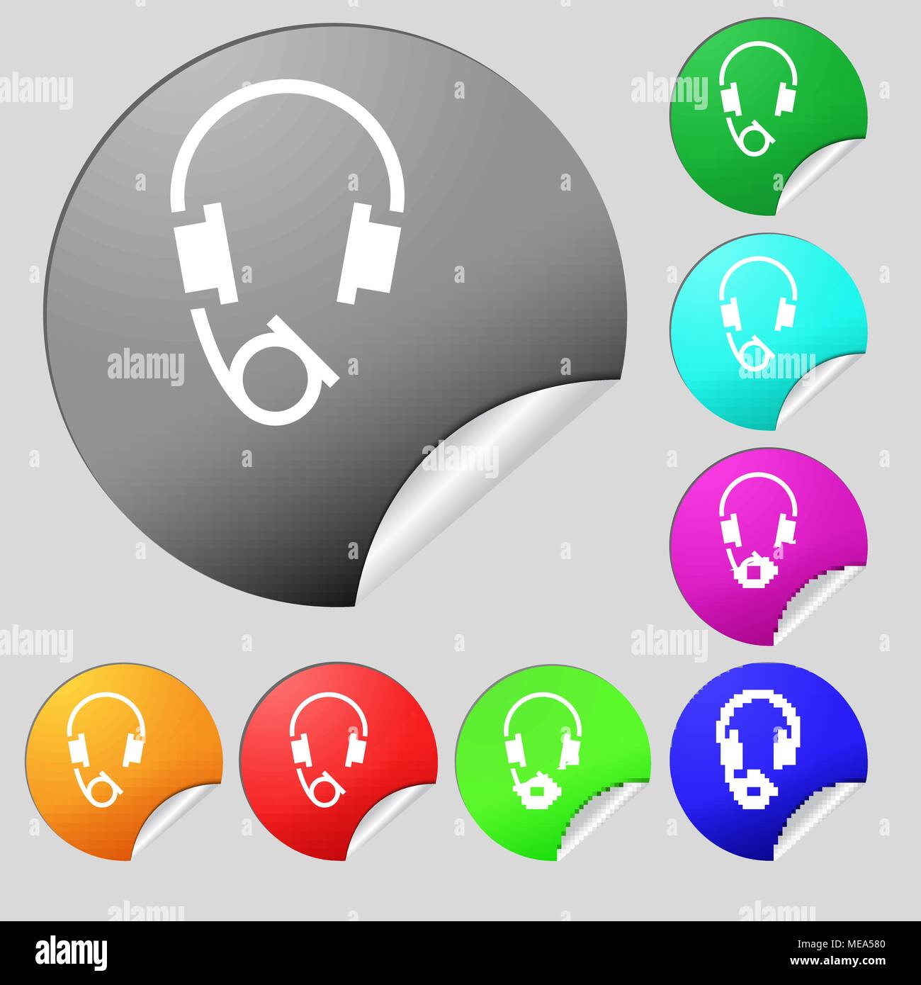 headsets icon sign. Set of eight multi colored round buttons, stickers ...