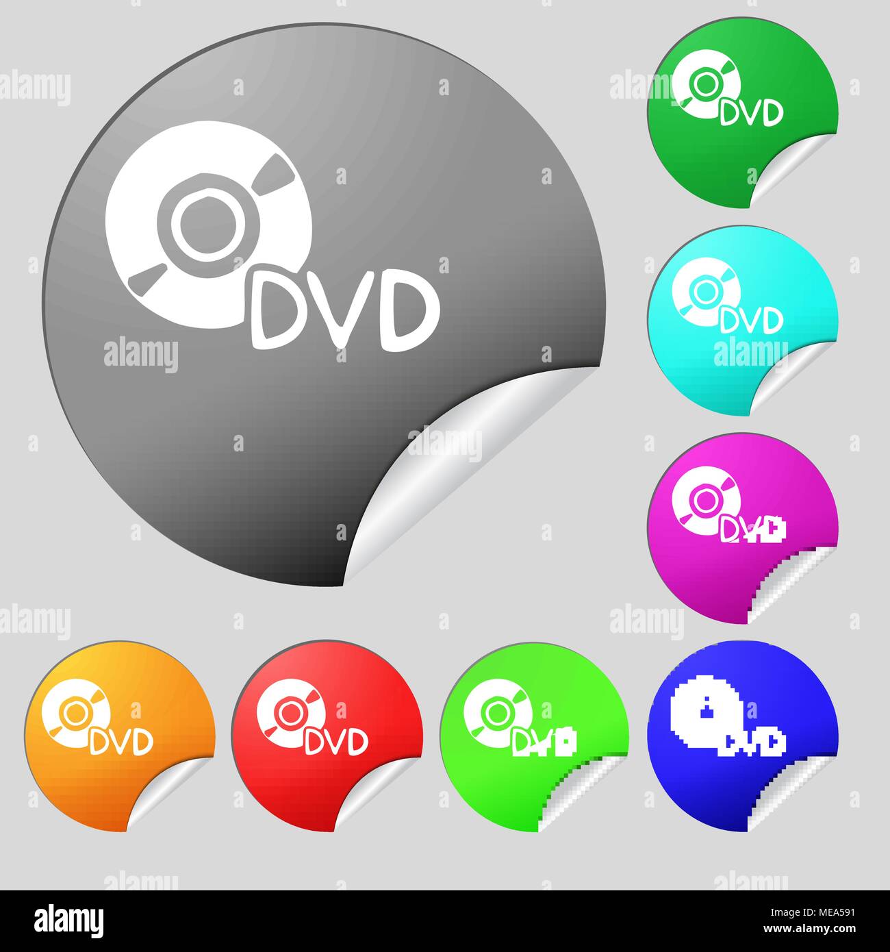 dvd icon sign. Set of eight multi colored round buttons, stickers ...