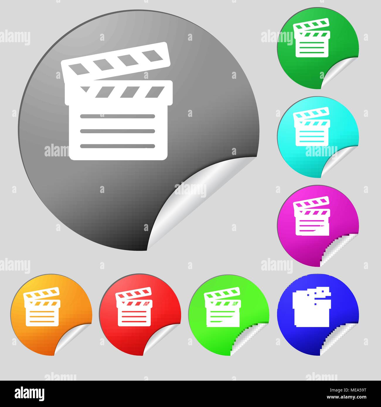 Cinema Clapper icon sign. Set of eight multi colored round buttons ...
