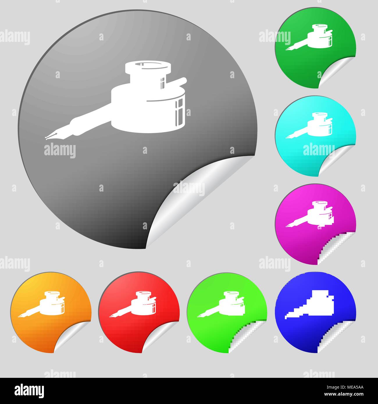 pen and ink icon sign. Set of eight multi colored round buttons ...