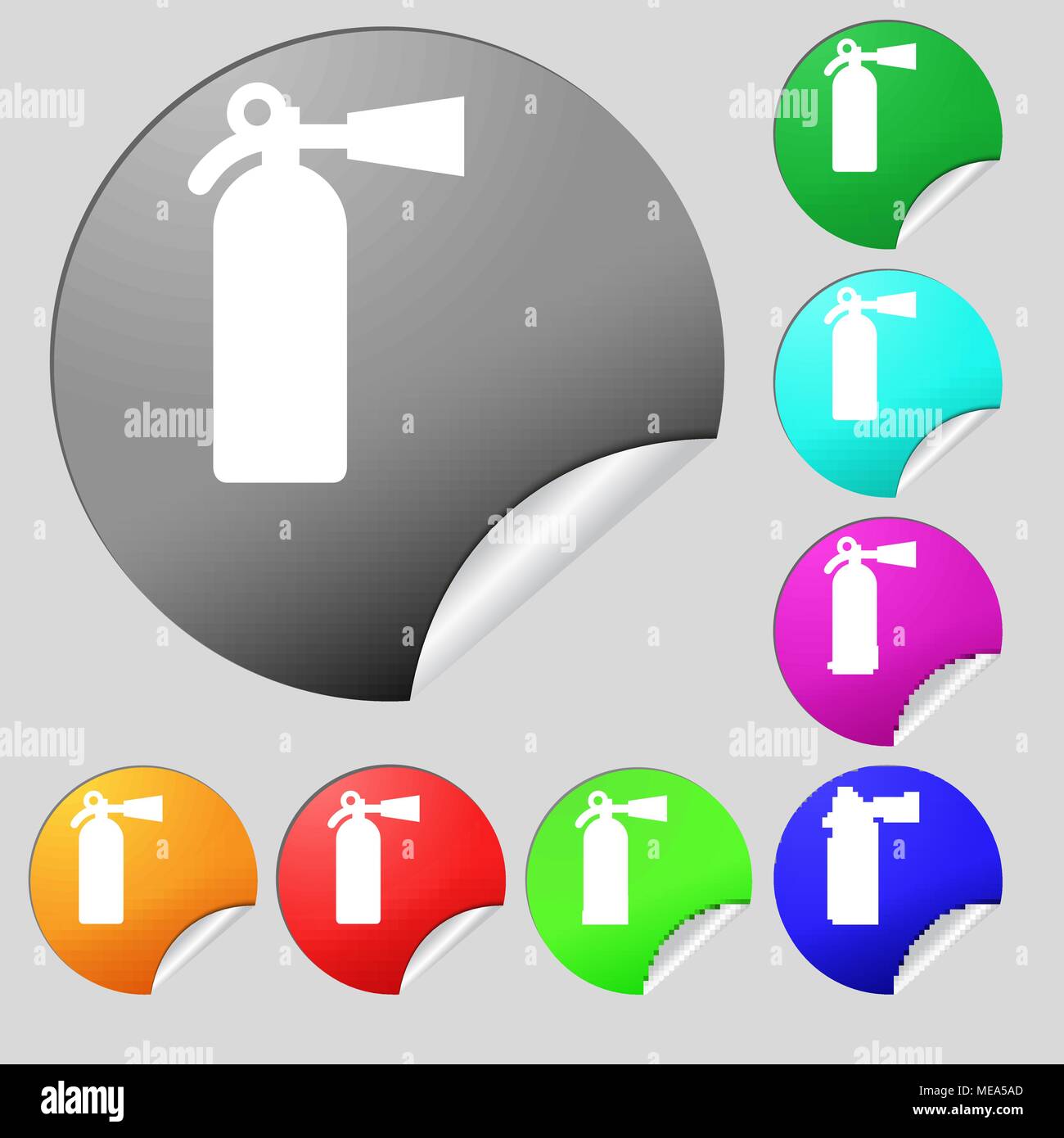 fire extinguisher icon sign. Set of eight multi colored round buttons ...
