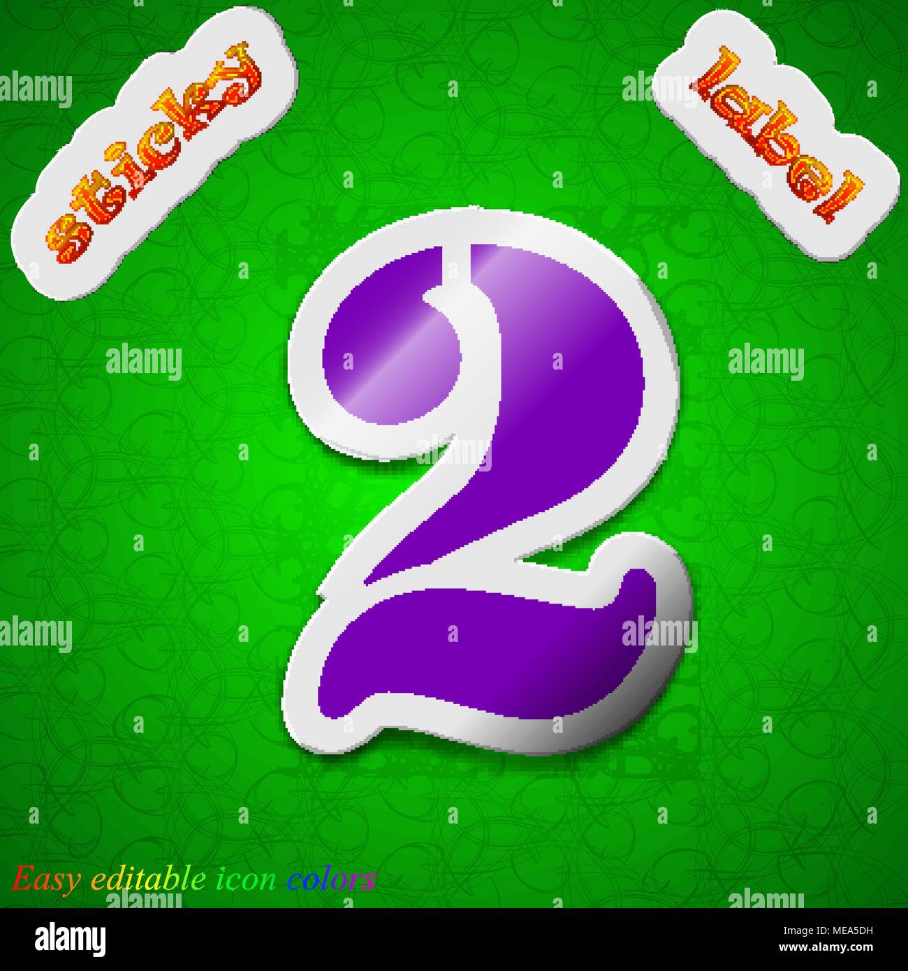 number two icon sign. Symbol chic colored sticky label on green ...