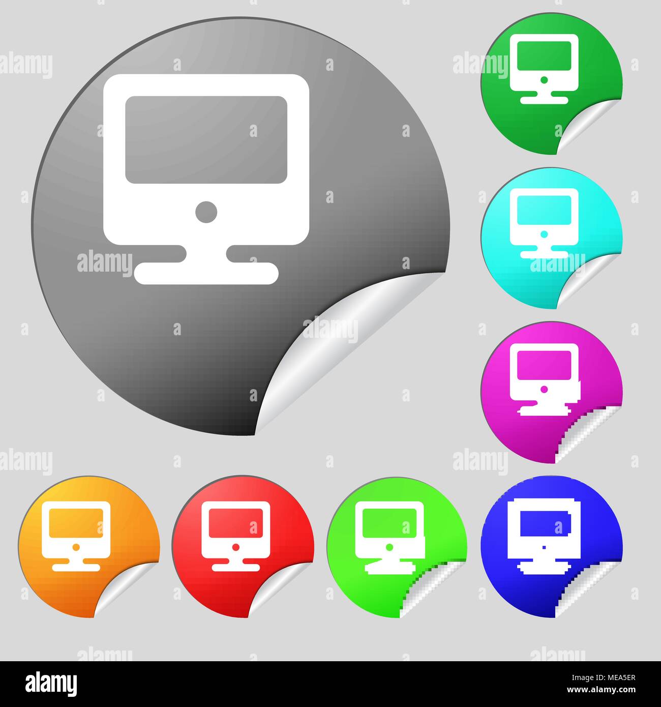 monitor icon sign. Set of eight multi colored round buttons, stickers ...