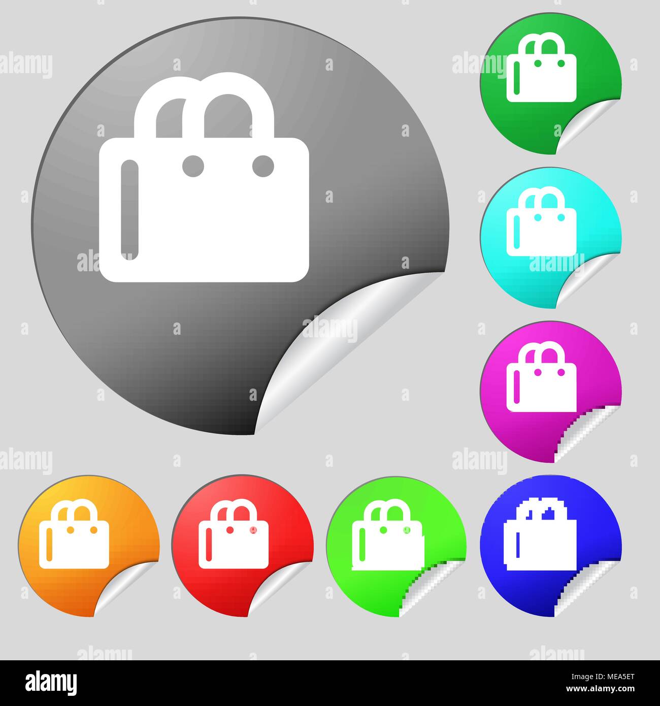 shopping bag icon sign. Set of eight multi colored round buttons ...