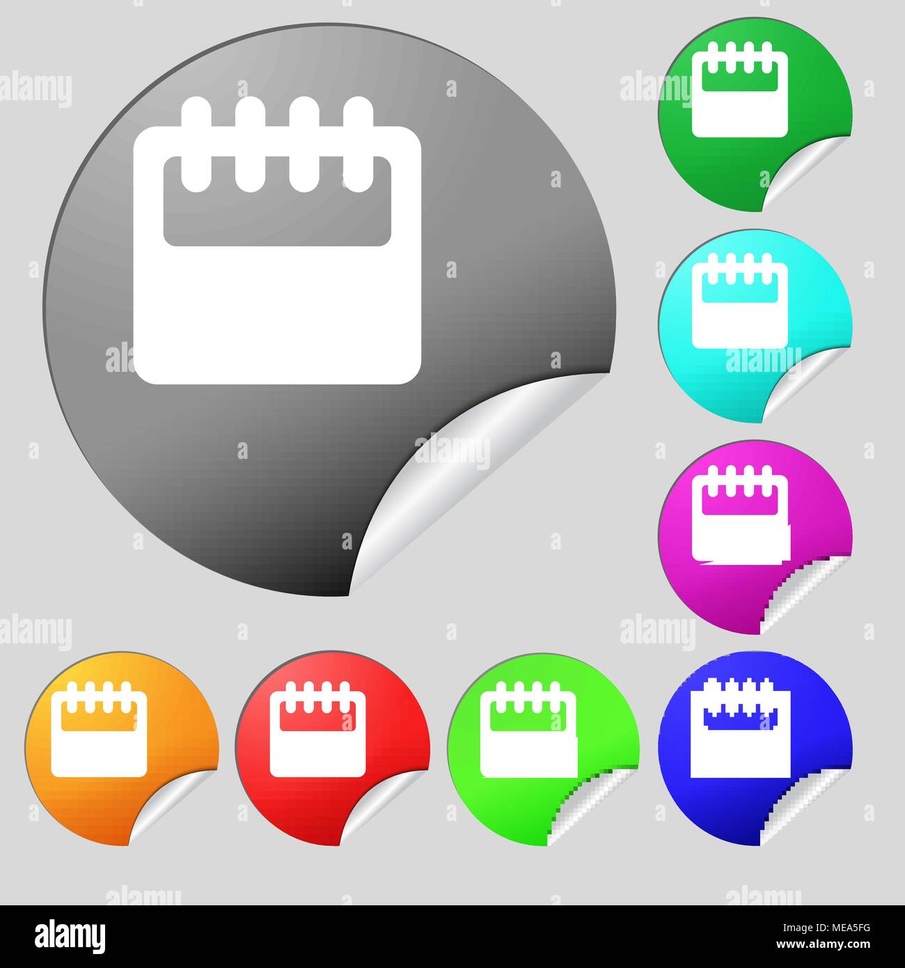 Notepad, calendar icon sign. Set of eight multi colored round buttons ...