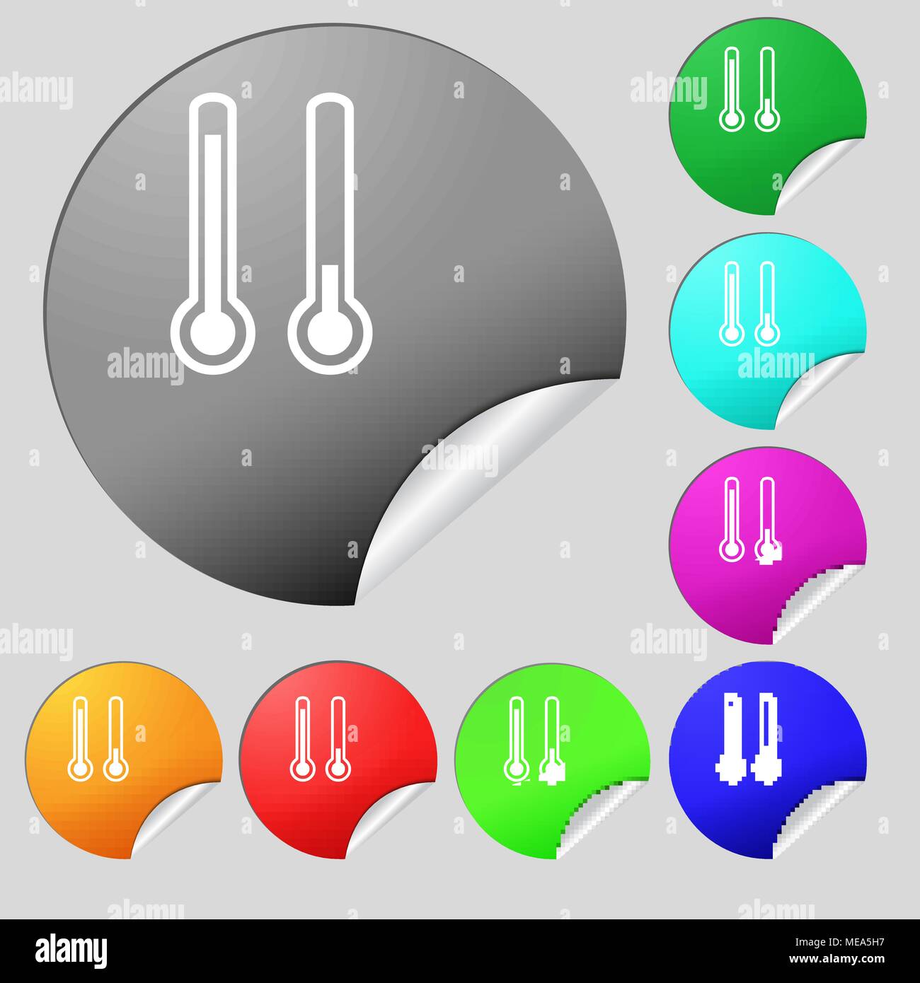 thermometer temperature icon sign. Set of eight multi colored round ...