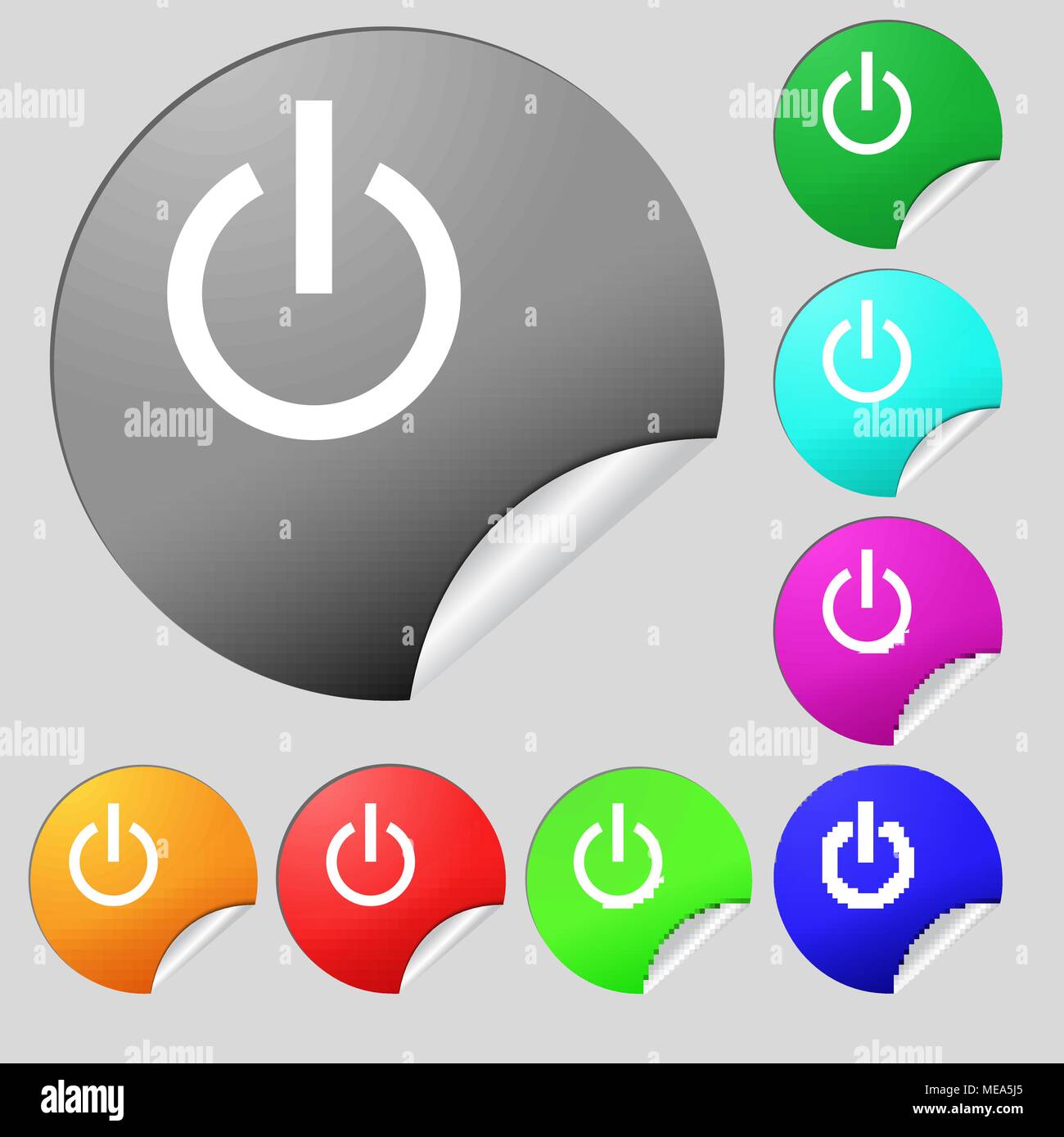 Power icon sign. Set of eight multi colored round buttons, stickers ...