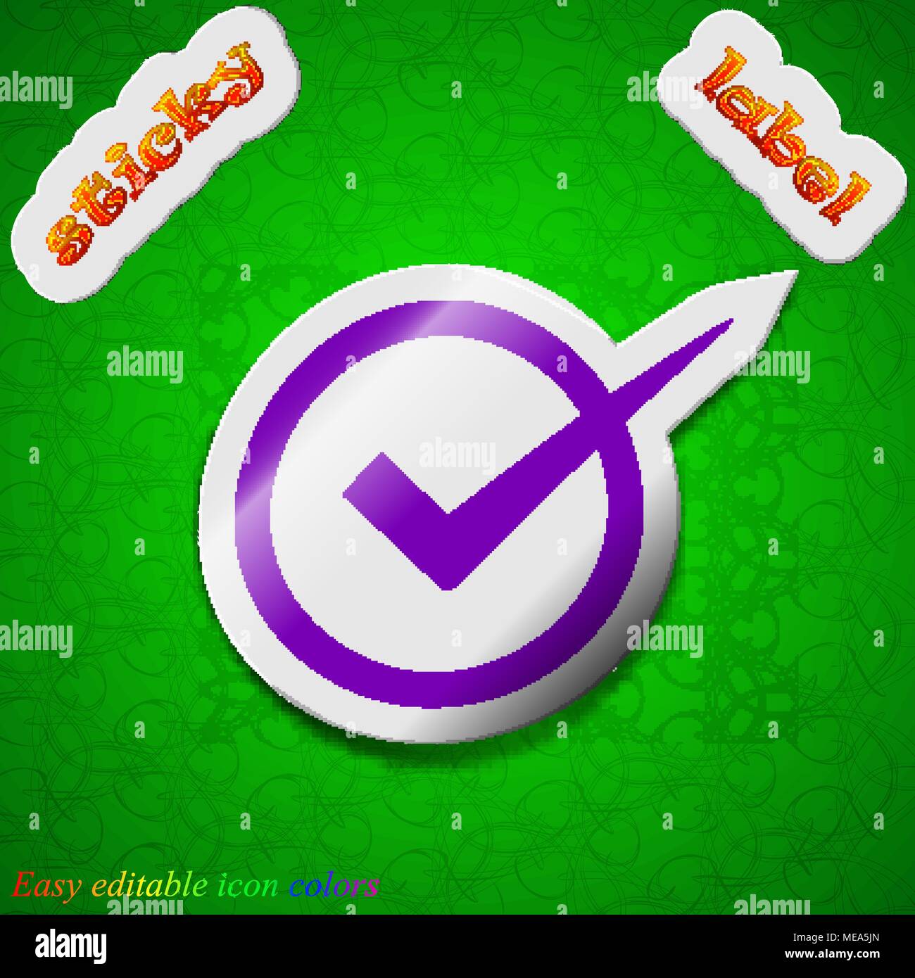 Check mark icon sign. Symbol chic colored sticky label on green ...