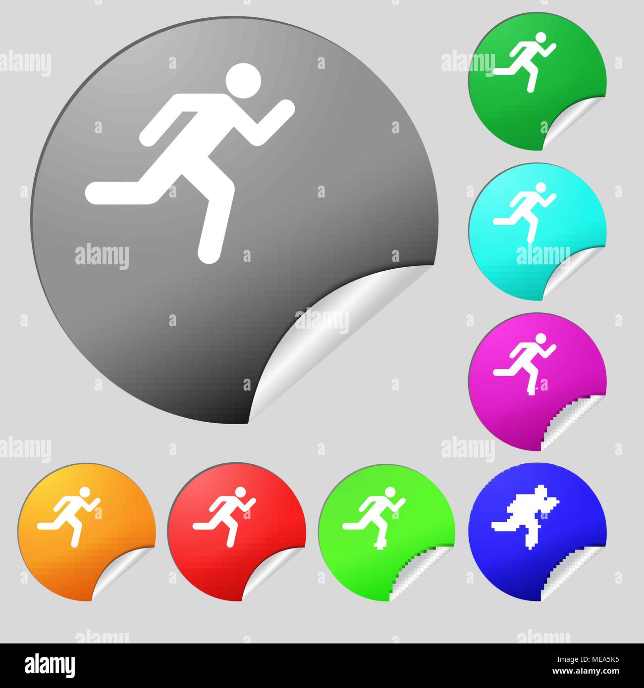 running man icon sign. Set of eight multi colored round buttons ...
