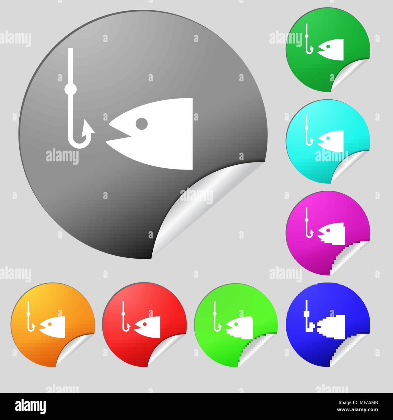 Fishing icon sign. Set of eight multi colored round buttons, stickers ...