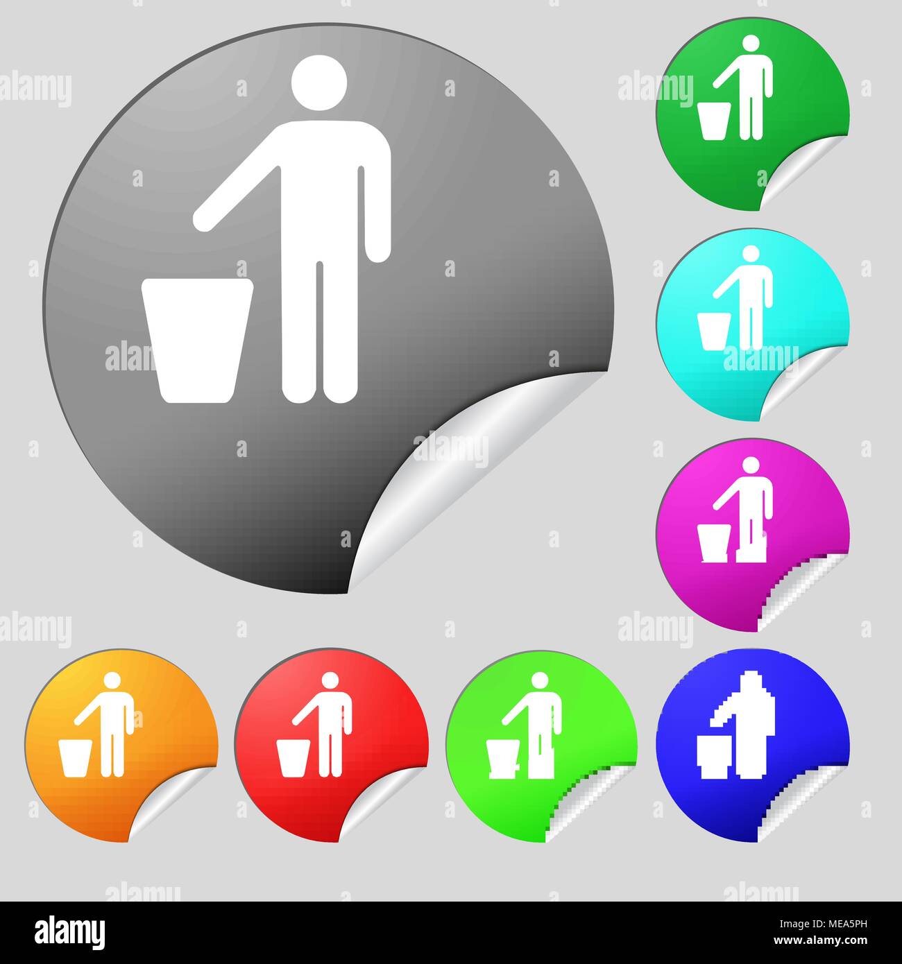 throw away the trash icon sign. Set of eight multi colored round ...