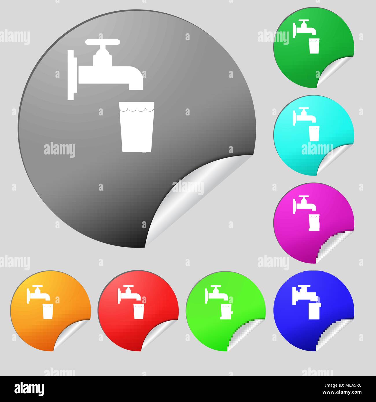 faucet, glass, water icon sign. Set of eight multi colored round ...
