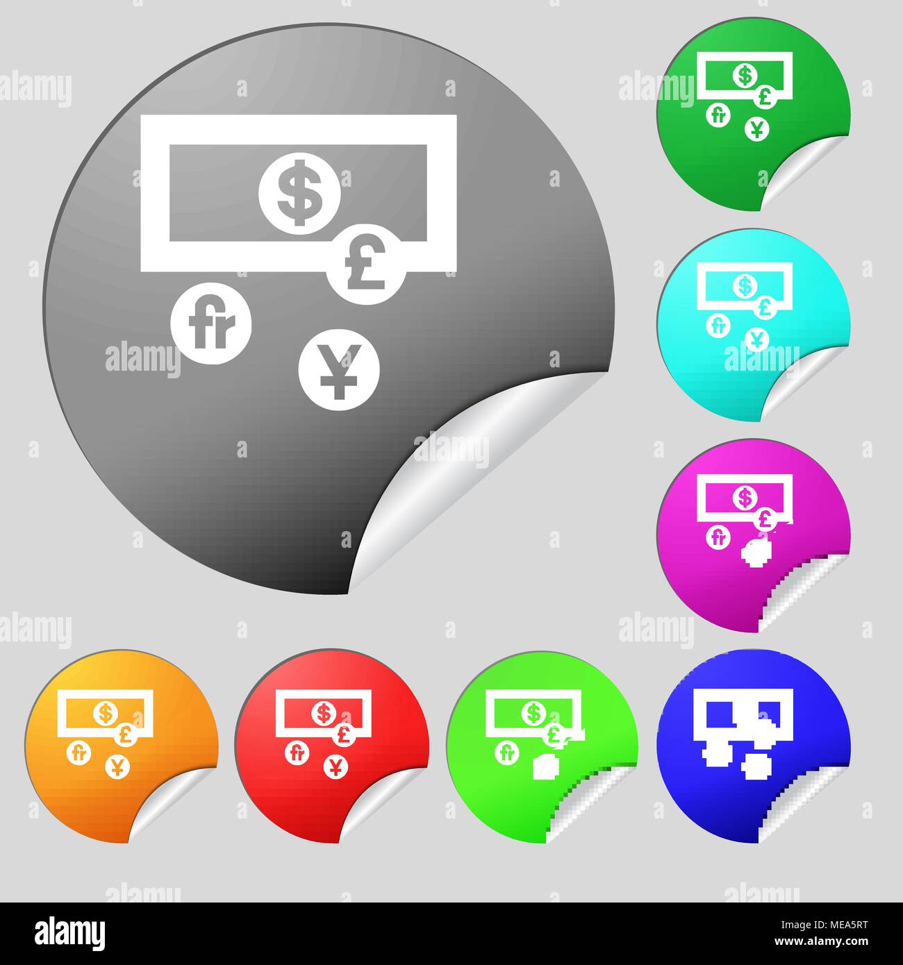 currencies of the world icon sign. Set of eight multi colored round ...