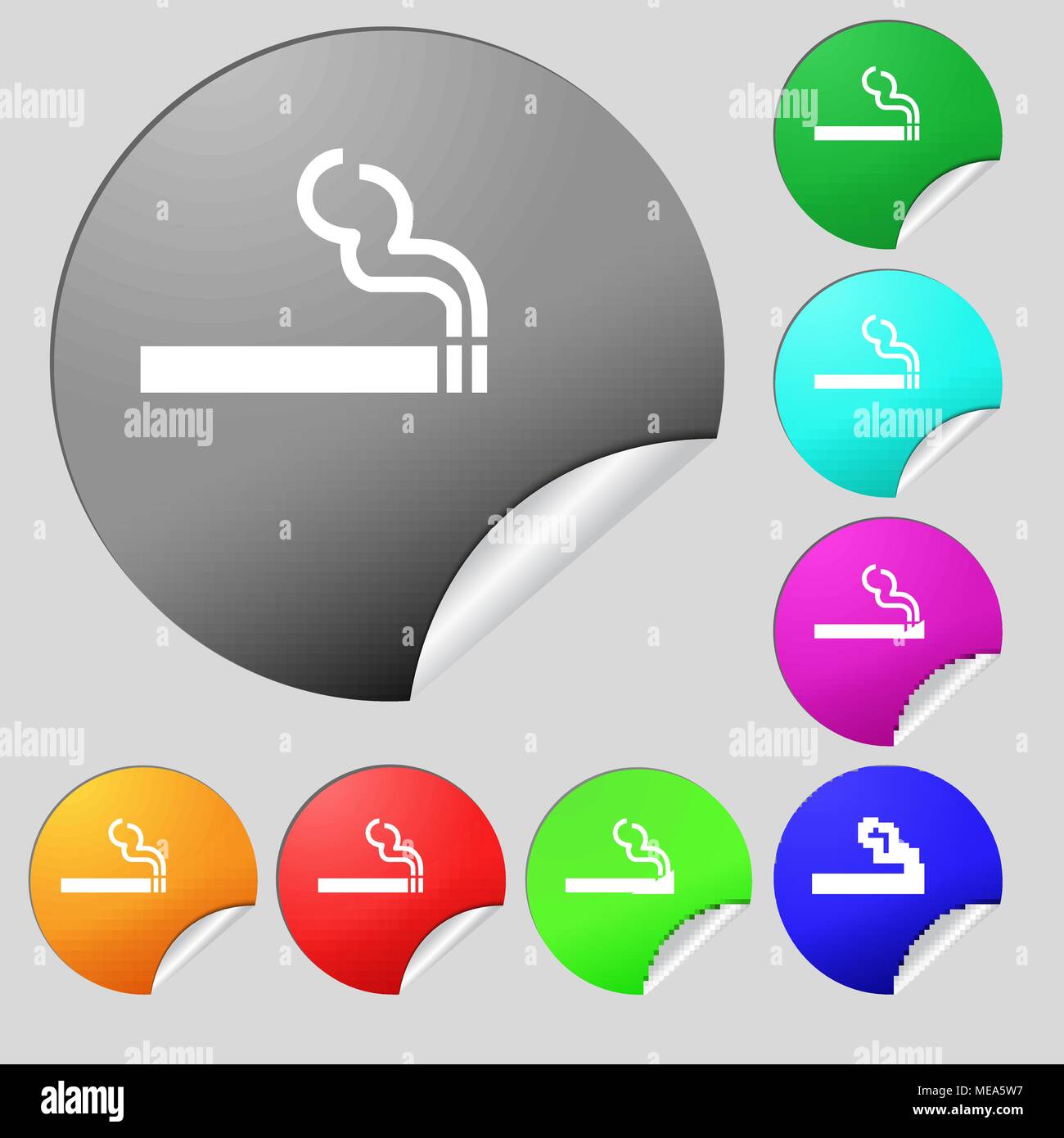 cigarette smoke icon sign. Set of eight multi colored round buttons ...