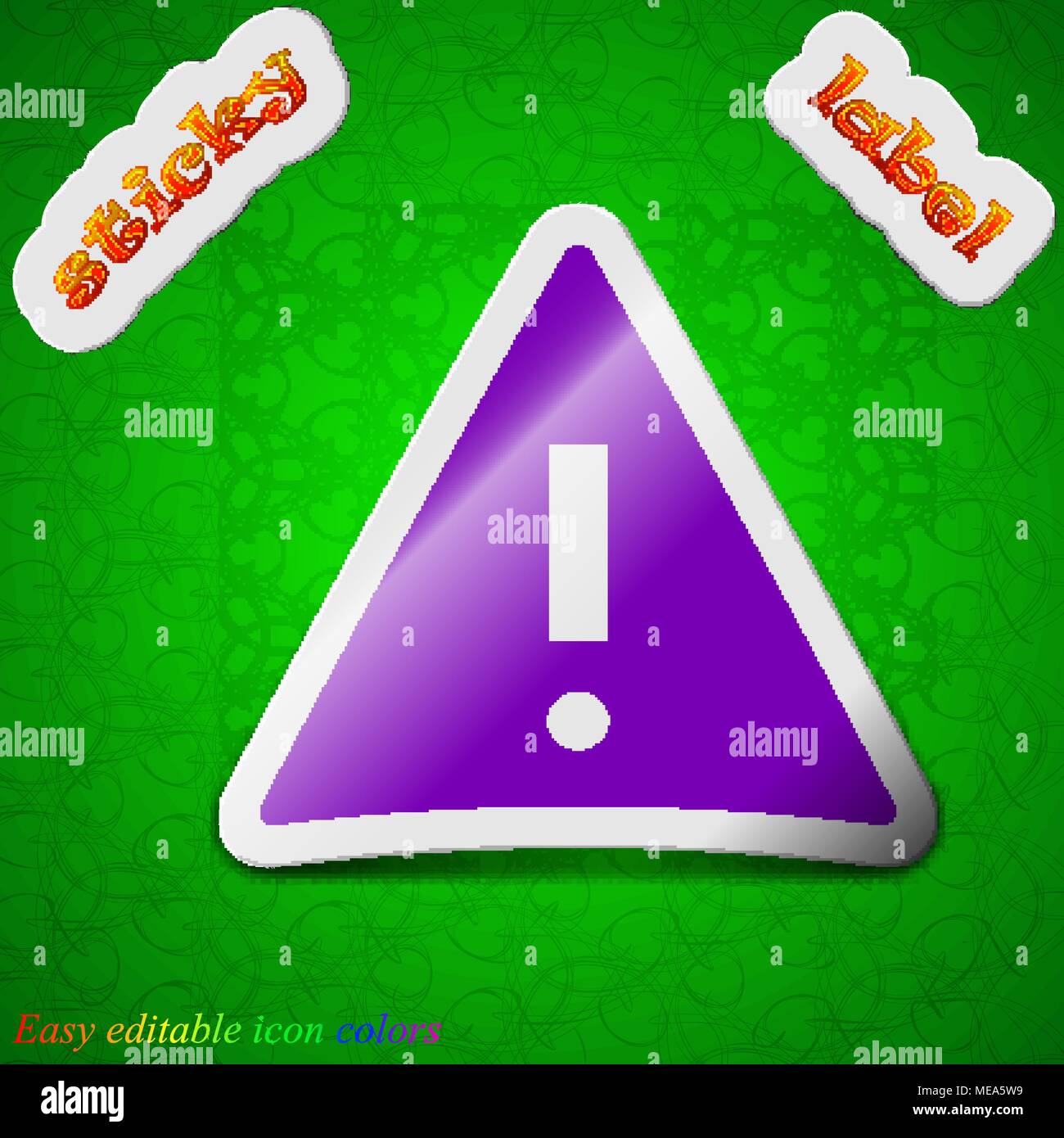 Exclamation mark icon sign. Symbol chic colored sticky label on green ...