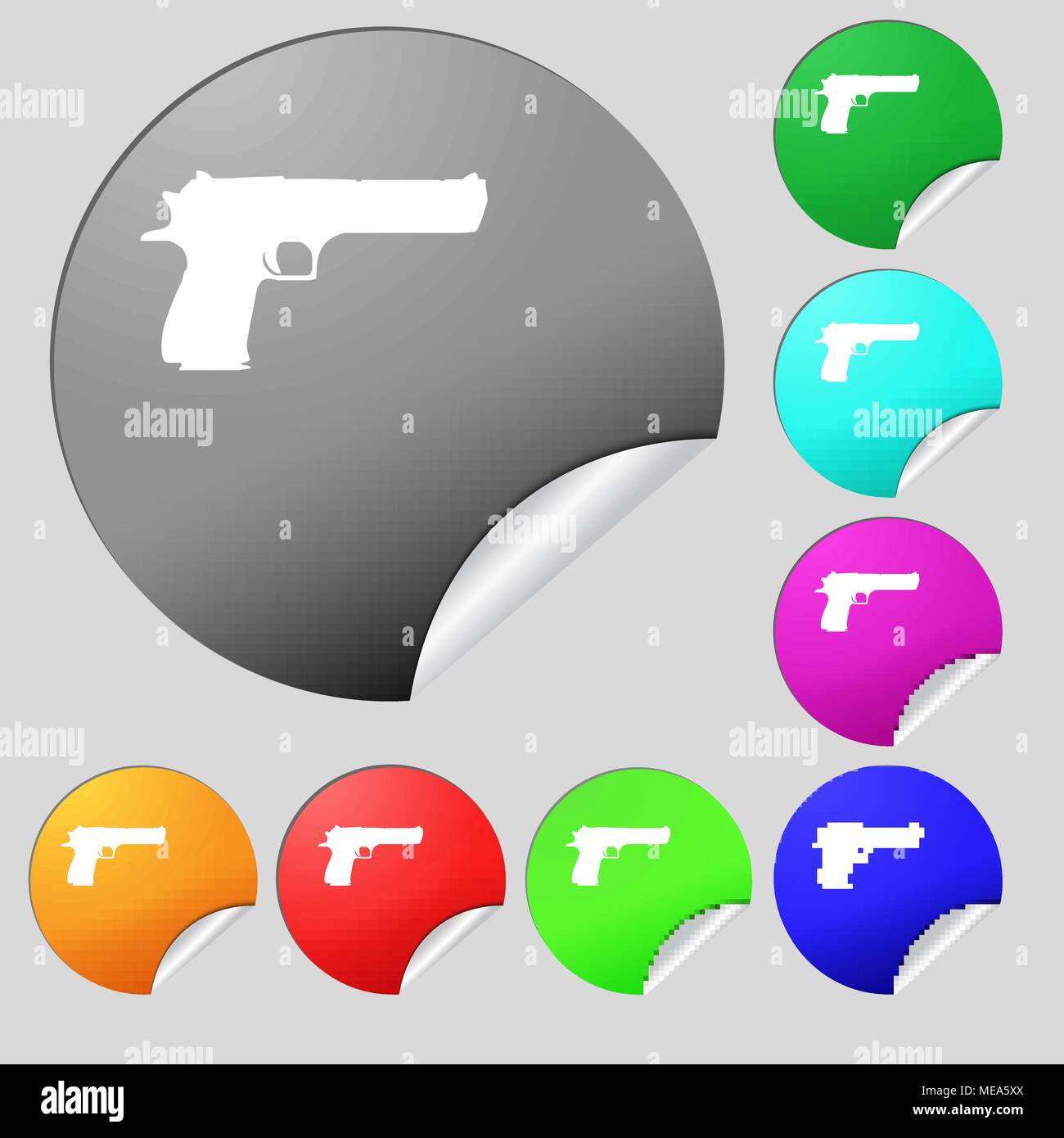 gun icon sign. Set of eight multi colored round buttons, stickers ...