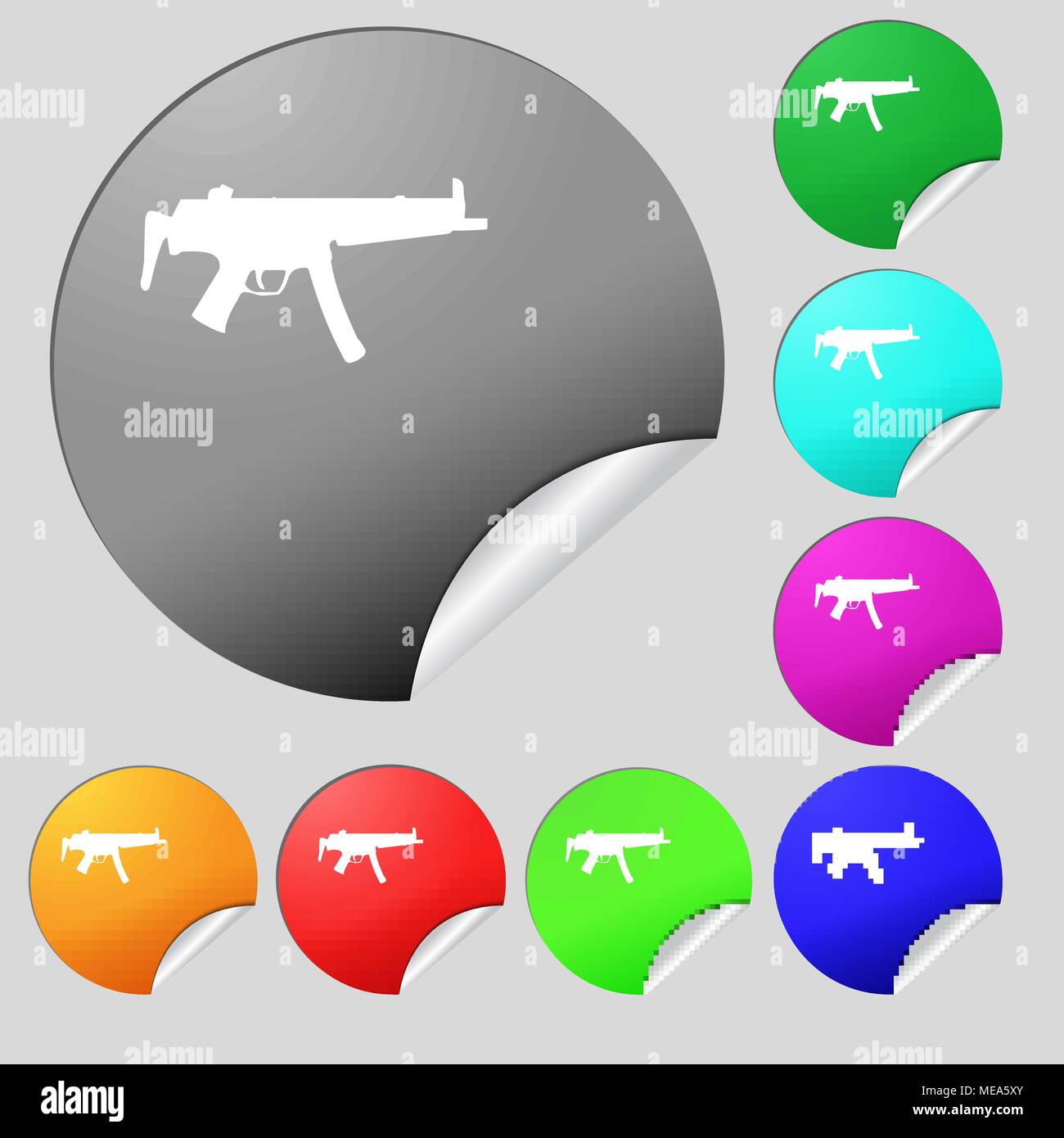 machine gun icon sign. Set of eight multi colored round buttons ...