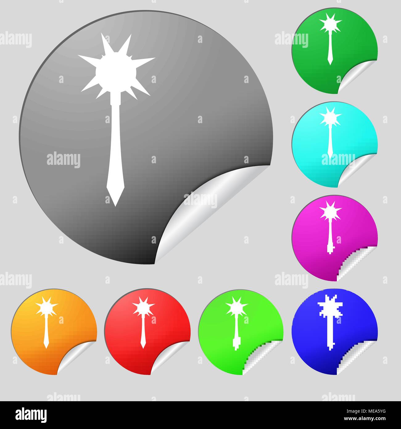 Mace icon sign. Set of eight multi colored round buttons, stickers ...