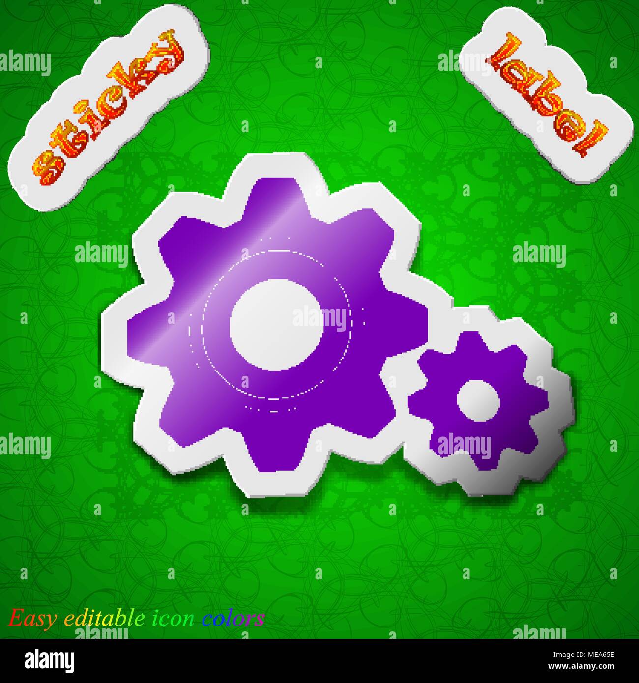 Cog settings icon sign. Symbol chic colored sticky label on green ...