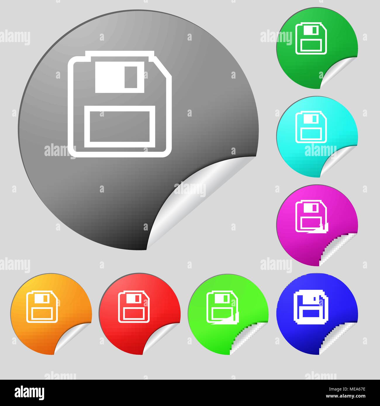 floppy disk icon sign. Set of eight multi colored round buttons ...